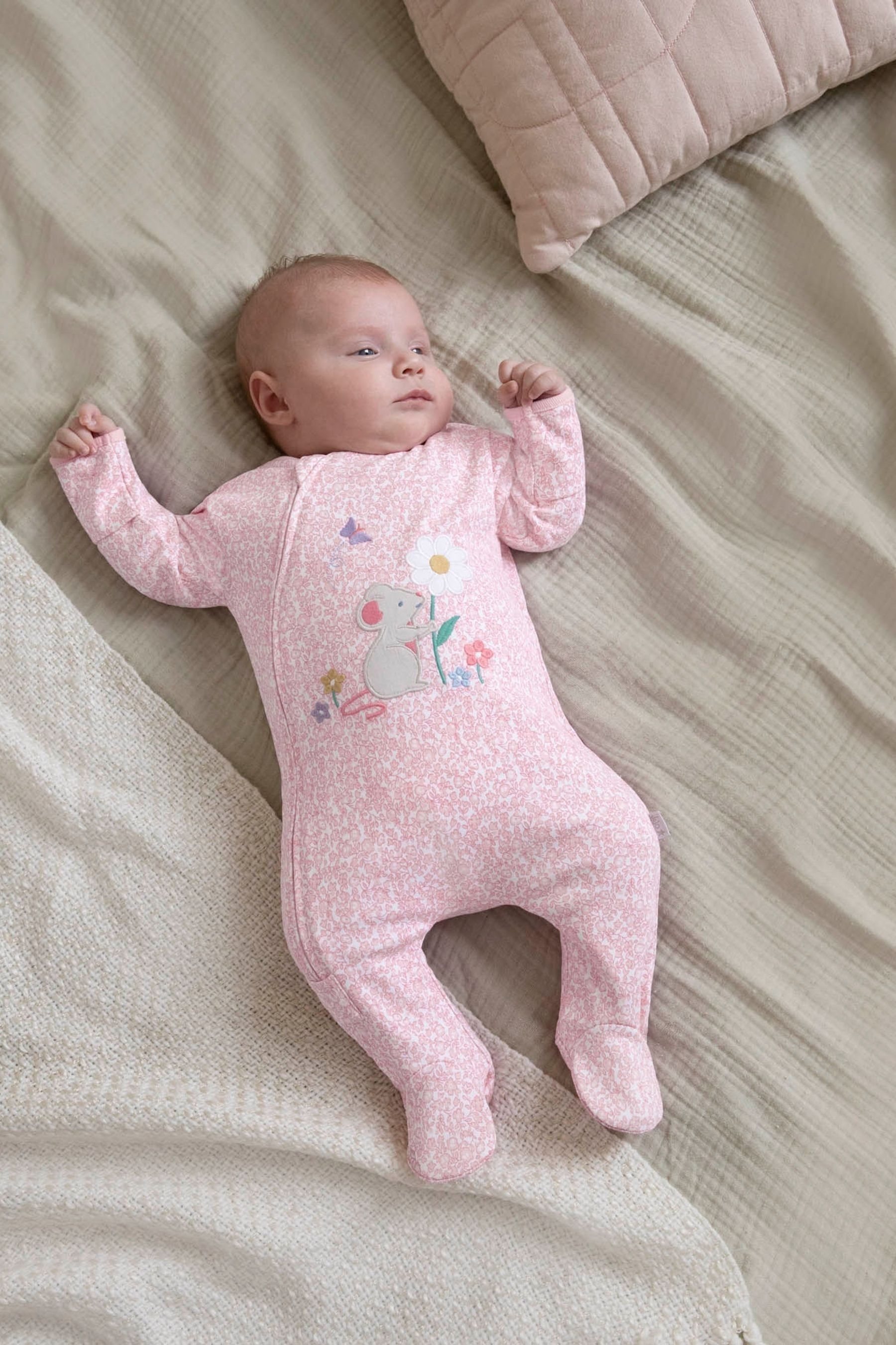 Buy JoJo Maman Bébé Pink Mouse Appliqué Zip Cotton Baby Sleepsuit from ...