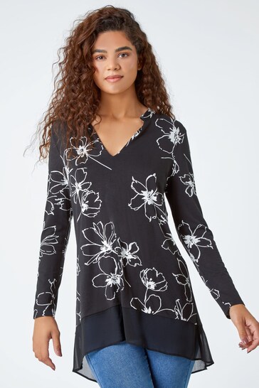 Buy Roman Black Floral Print Chiffon Hem Stretch Tunics from the Next ...