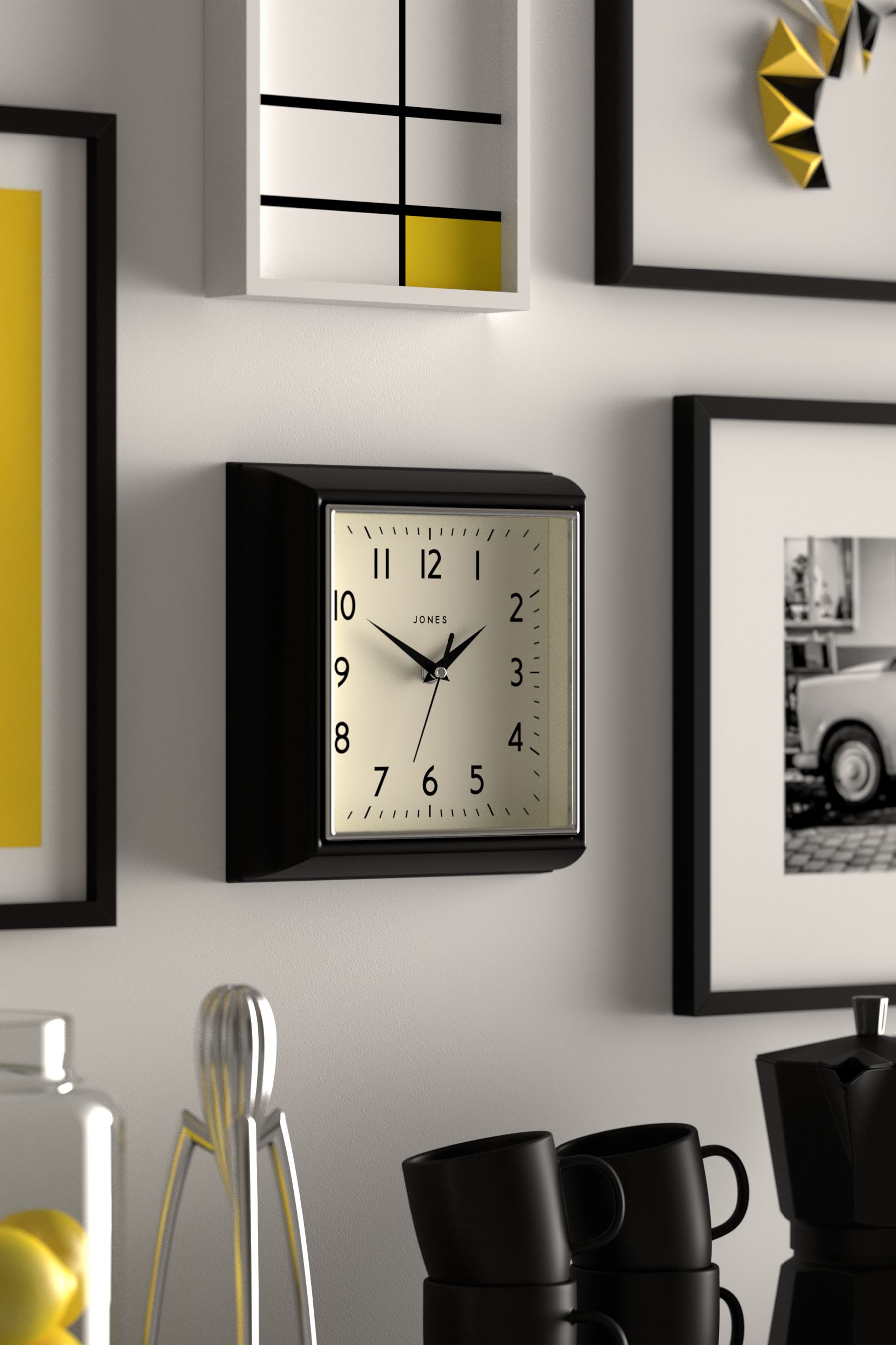 Buy Jones Clocks Black A Retro Square Wall Clock from the Next UK ...