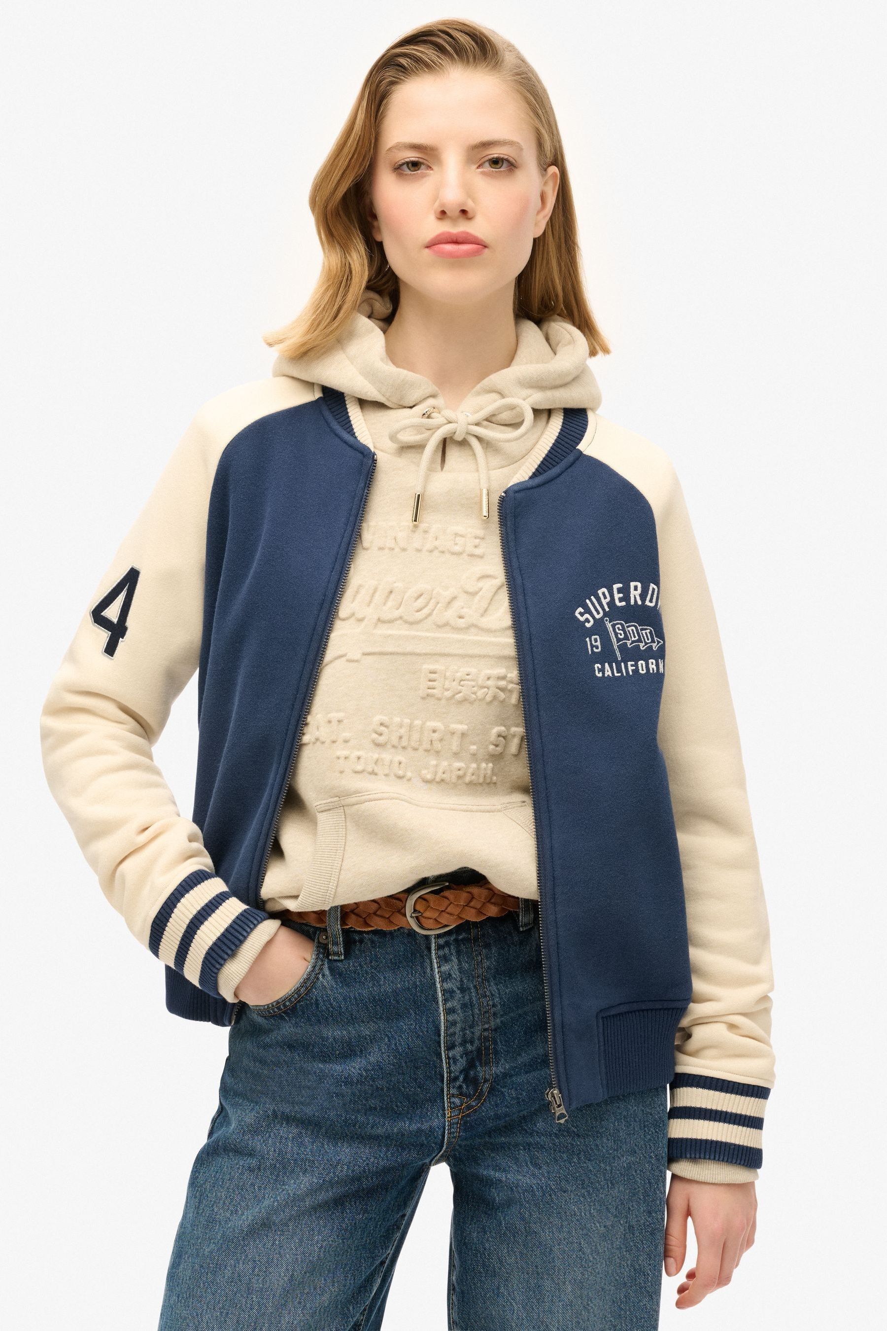 Buy Superdry Atlantic Navy College Script Graphic Bomber Hoodie from ...