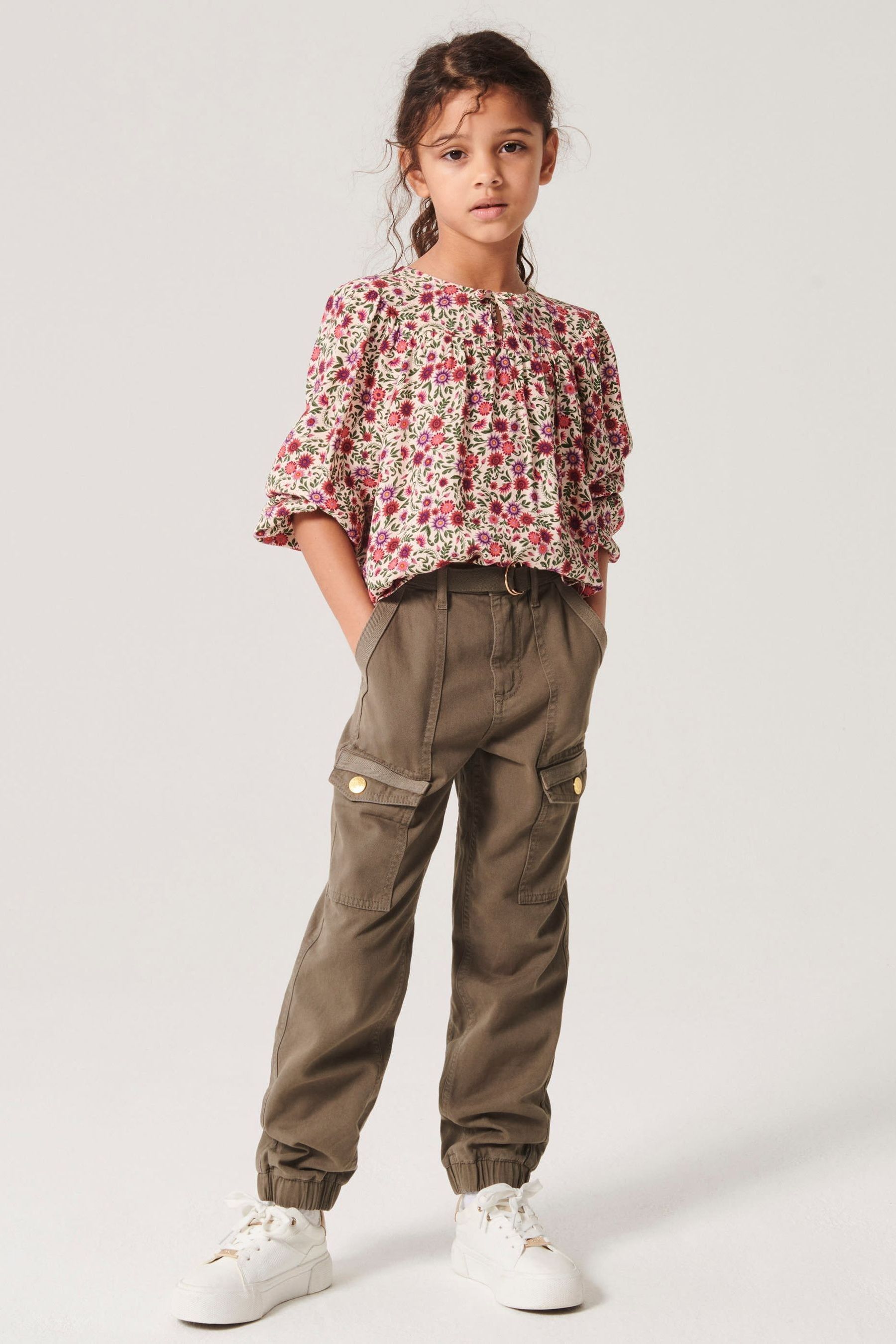 Buy River Island Green Girls Herringbone Belted Cargo 100% Cotton ...