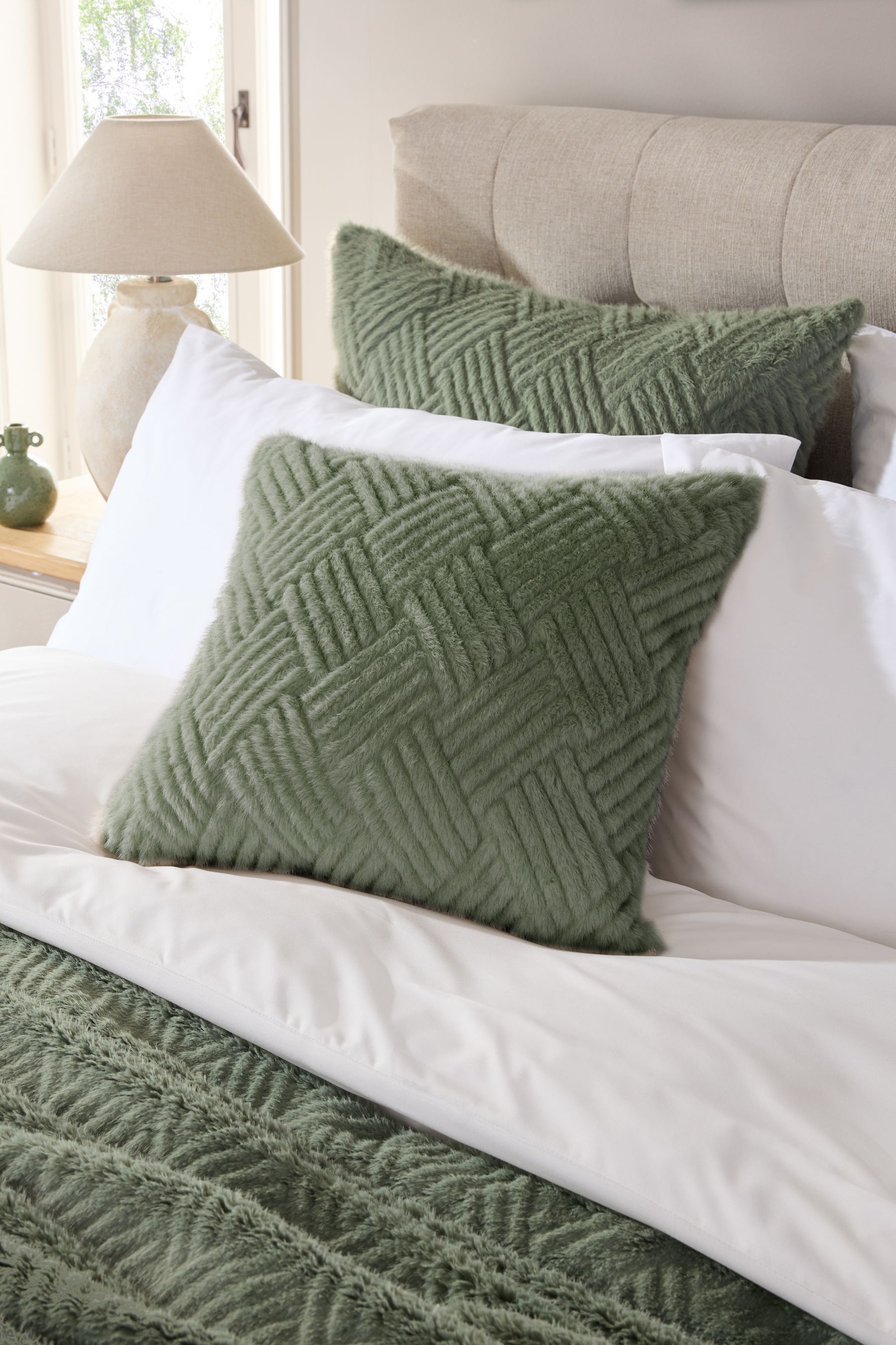 Buy Sage Green 43 x 43cm Basset Embossed Faux Fur Cushion from the Next ...