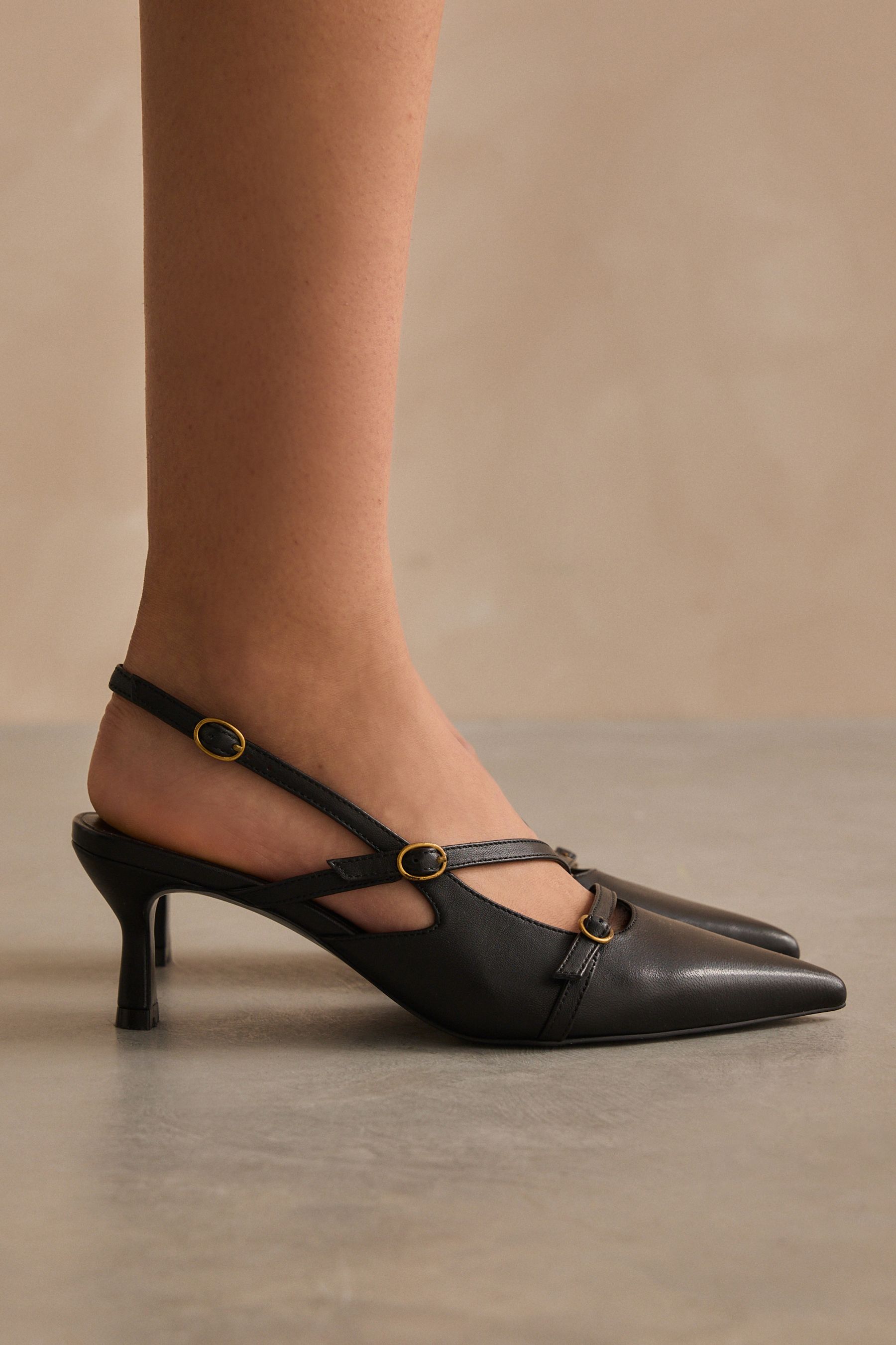 Buy Black Forever Comfort® Leather Multi Buckle Slingback Heels from ...