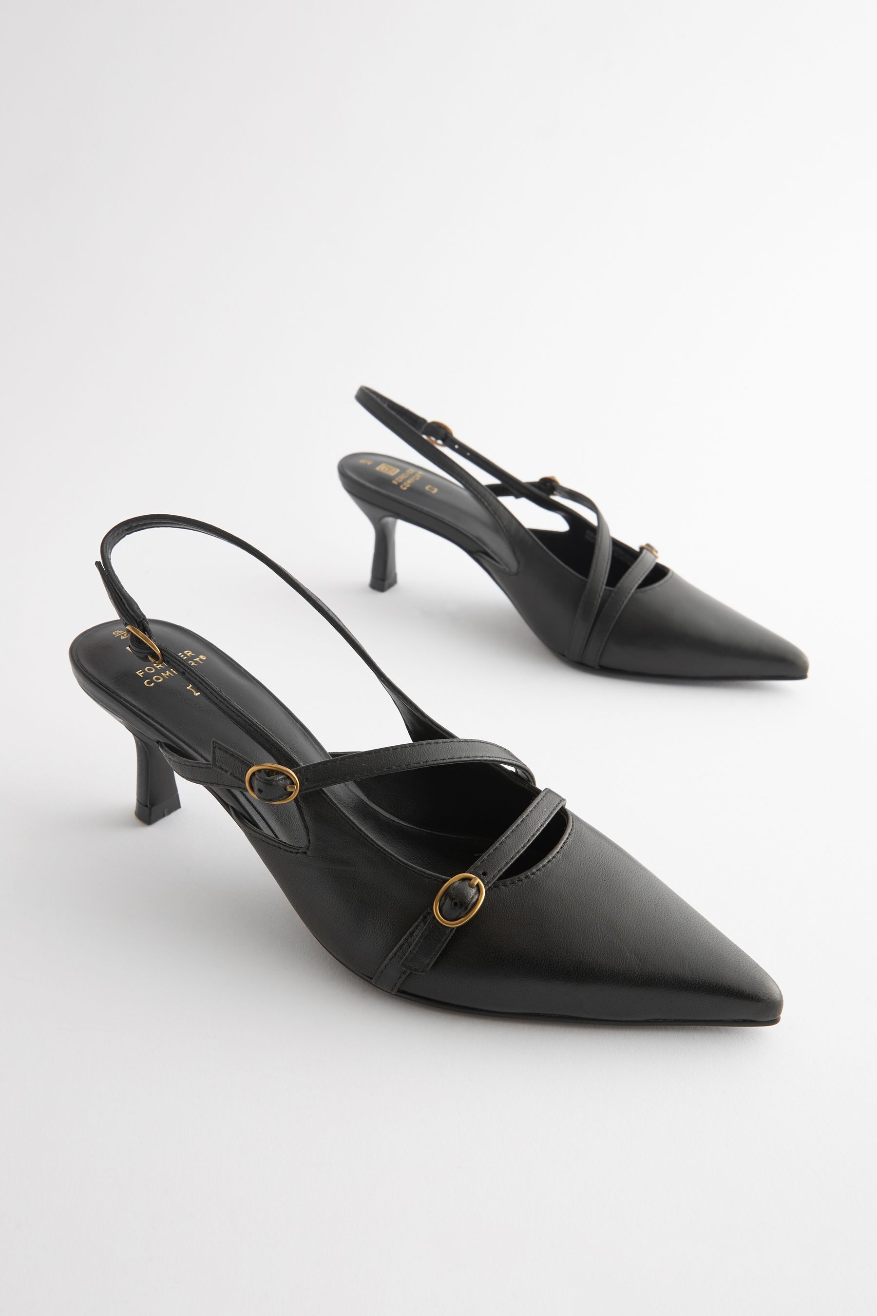 Buy Black Forever Comfort® Leather Multi Buckle Slingback Heels from ...