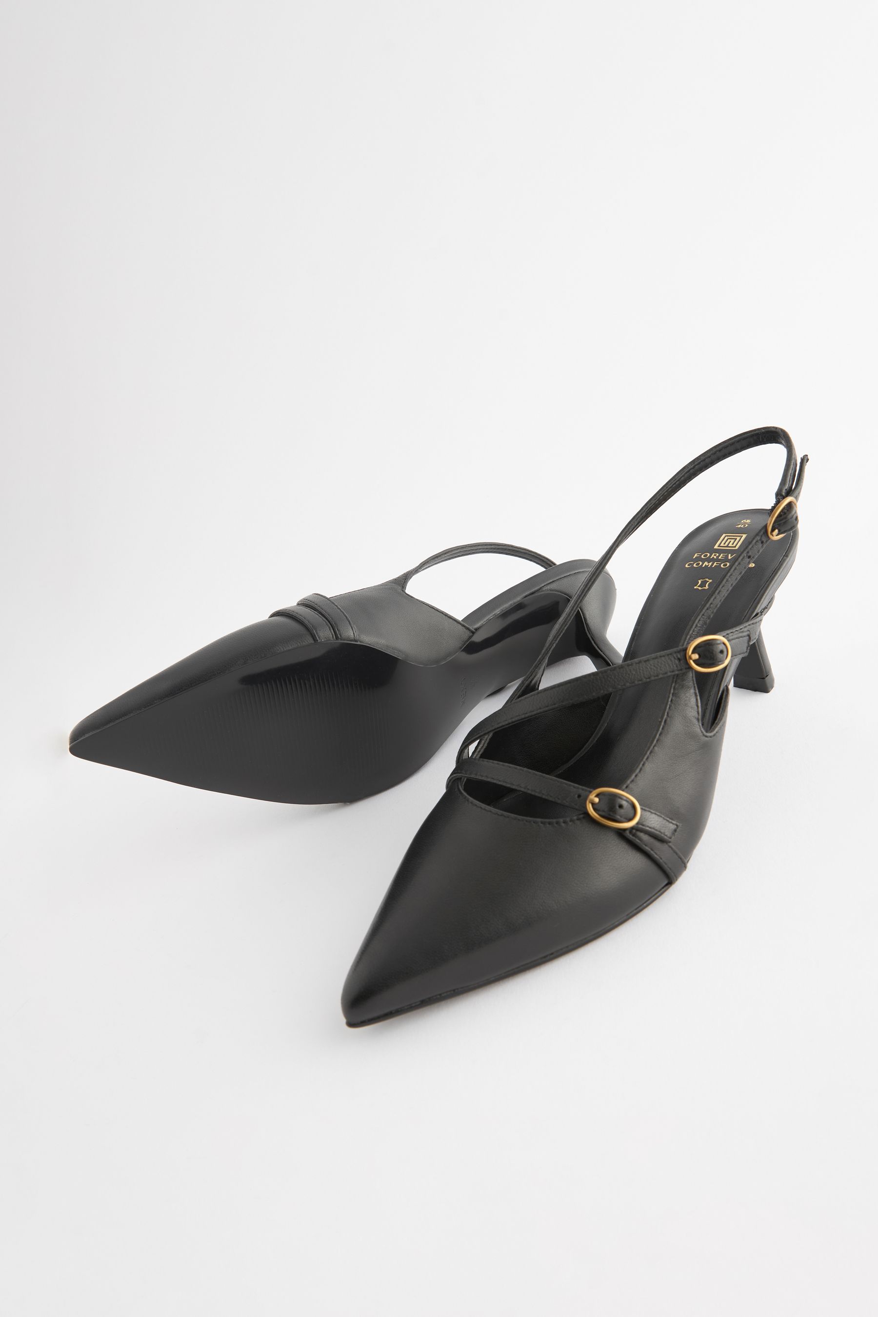 Buy Black Forever Comfort® Leather Multi Buckle Slingback Heels from ...