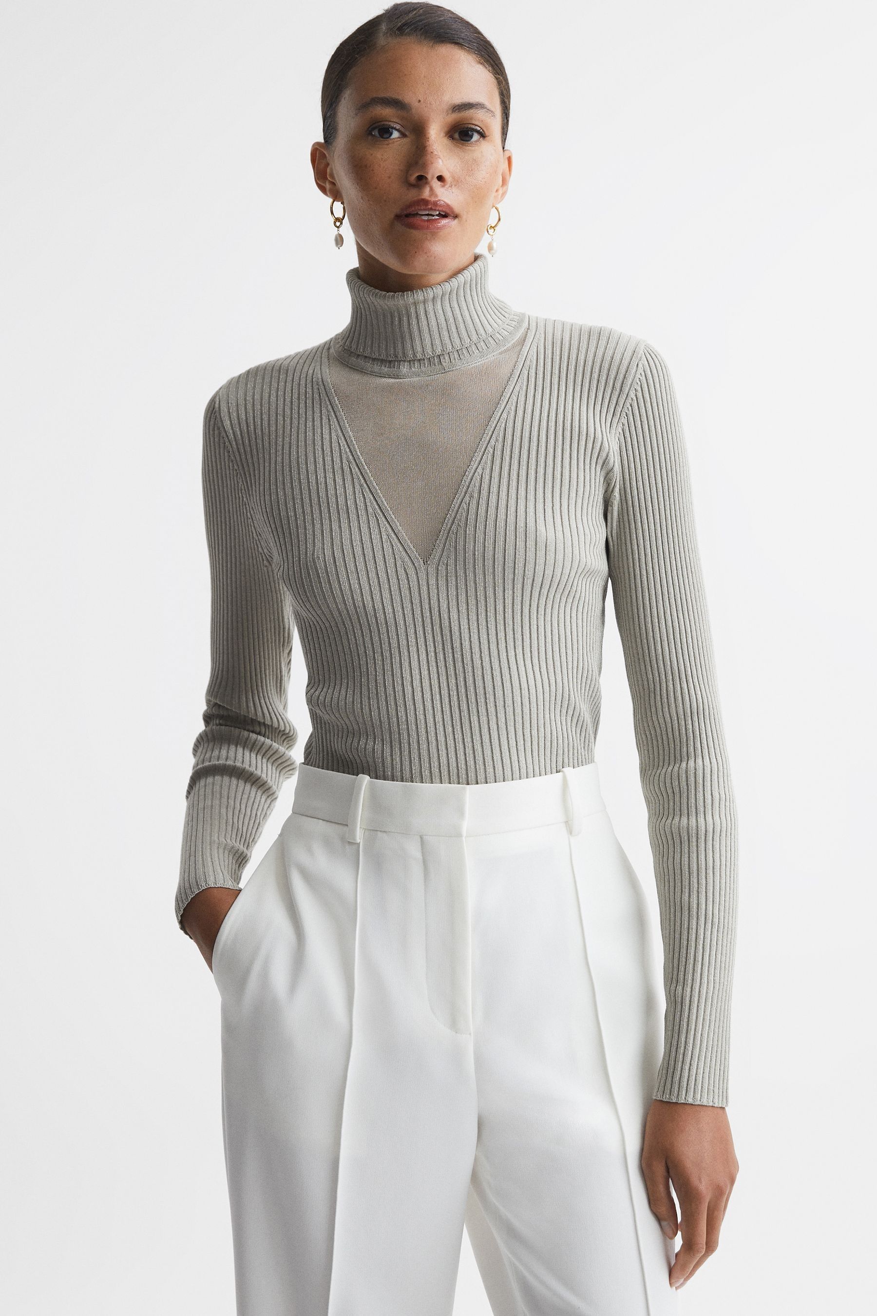 Buy Reiss Silver Tanya Metallic Ribbed Mesh Panel Funnel Neck Top from ...