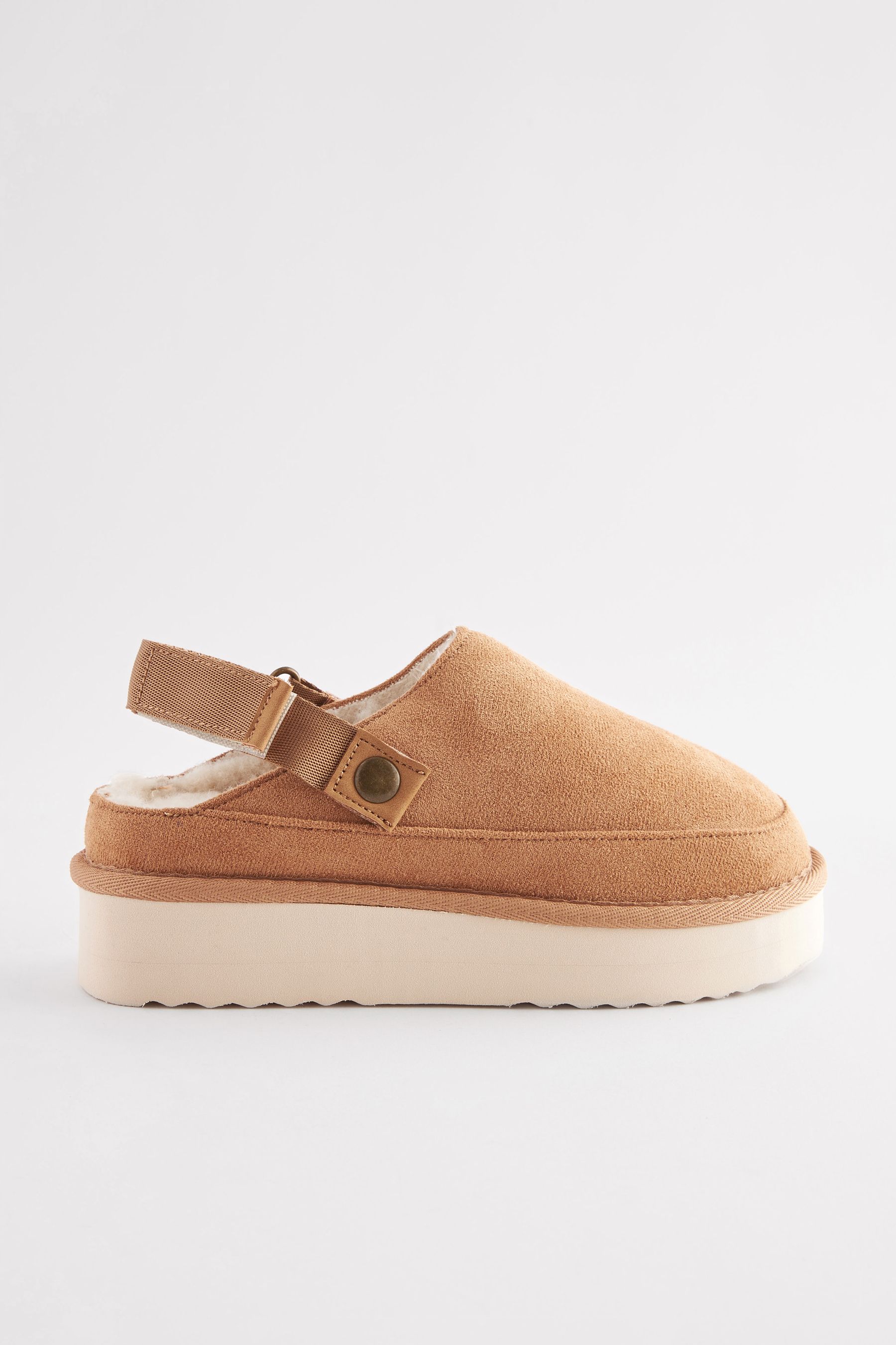 Buy Tan Brown Faux Fur Lined Platform Ankle Strap Slippers from the ...