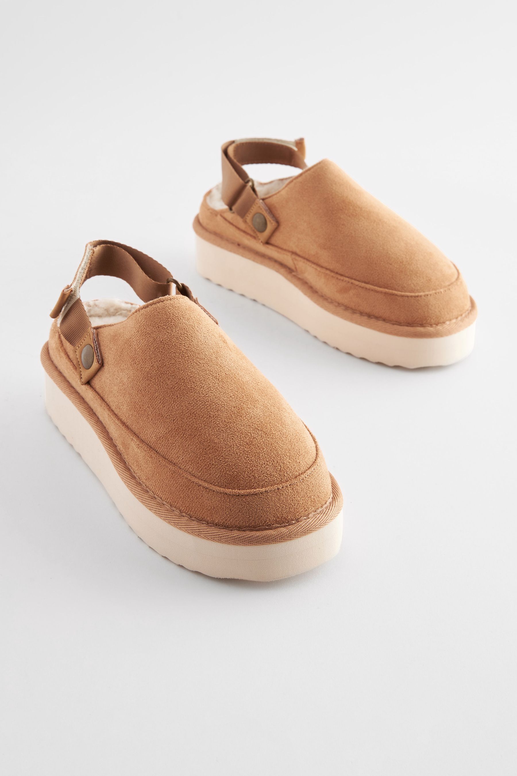 Buy Tan Brown Faux Fur Lined Platform Ankle Strap Slippers from the ...