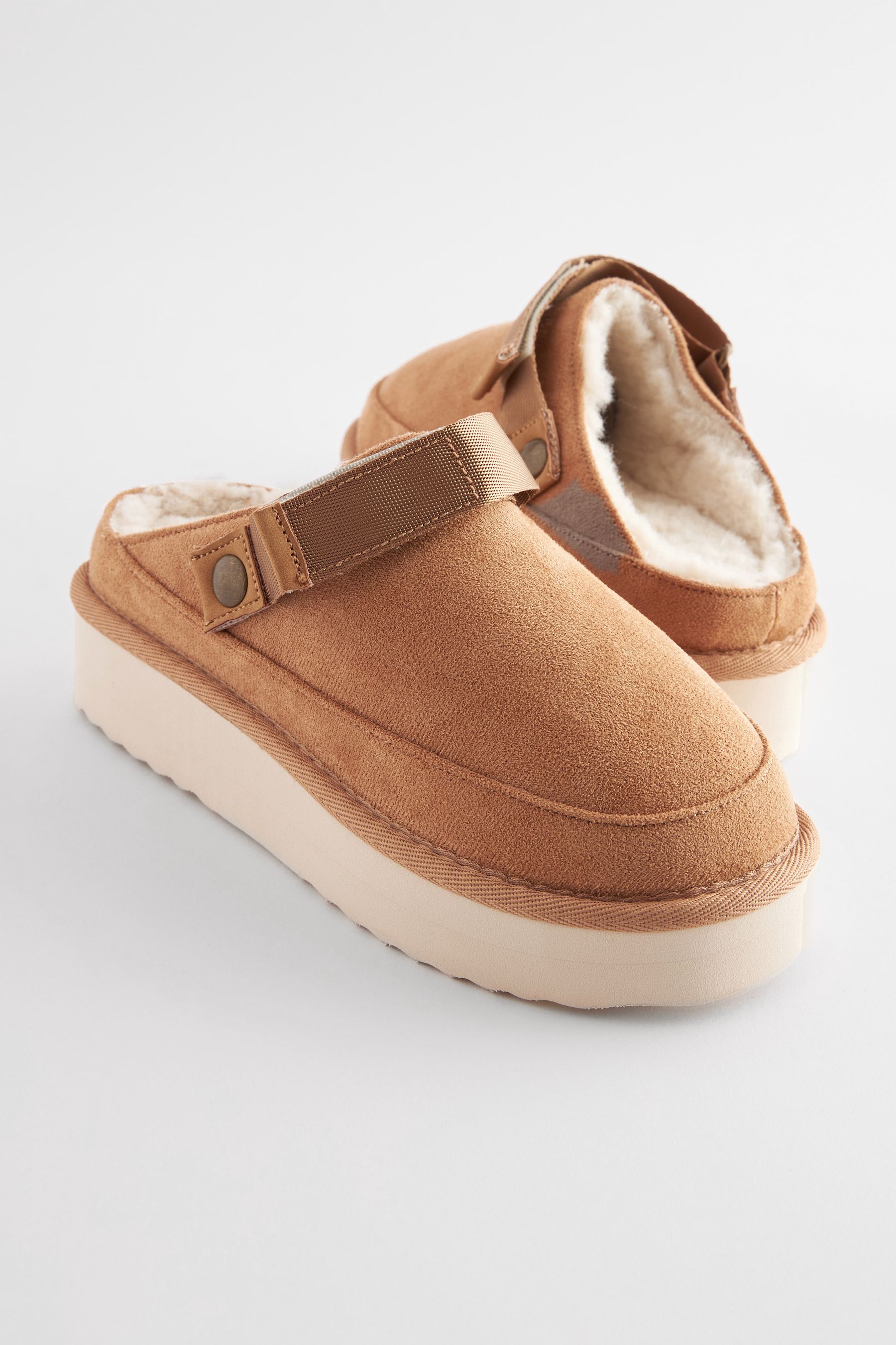 Buy Tan Brown Faux Fur Lined Platform Ankle Strap Slippers from the ...