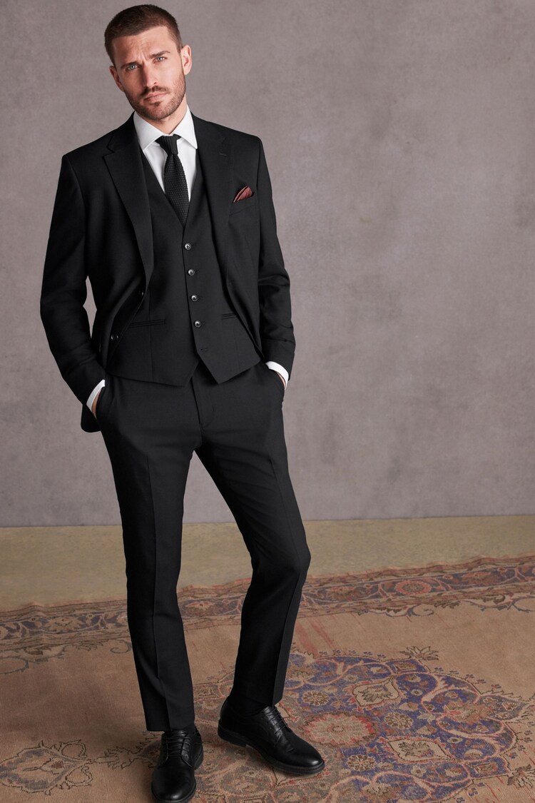 Buy Black Slim Fit Signature Tollegno Italian Wool Textured Suit Jacket ...
