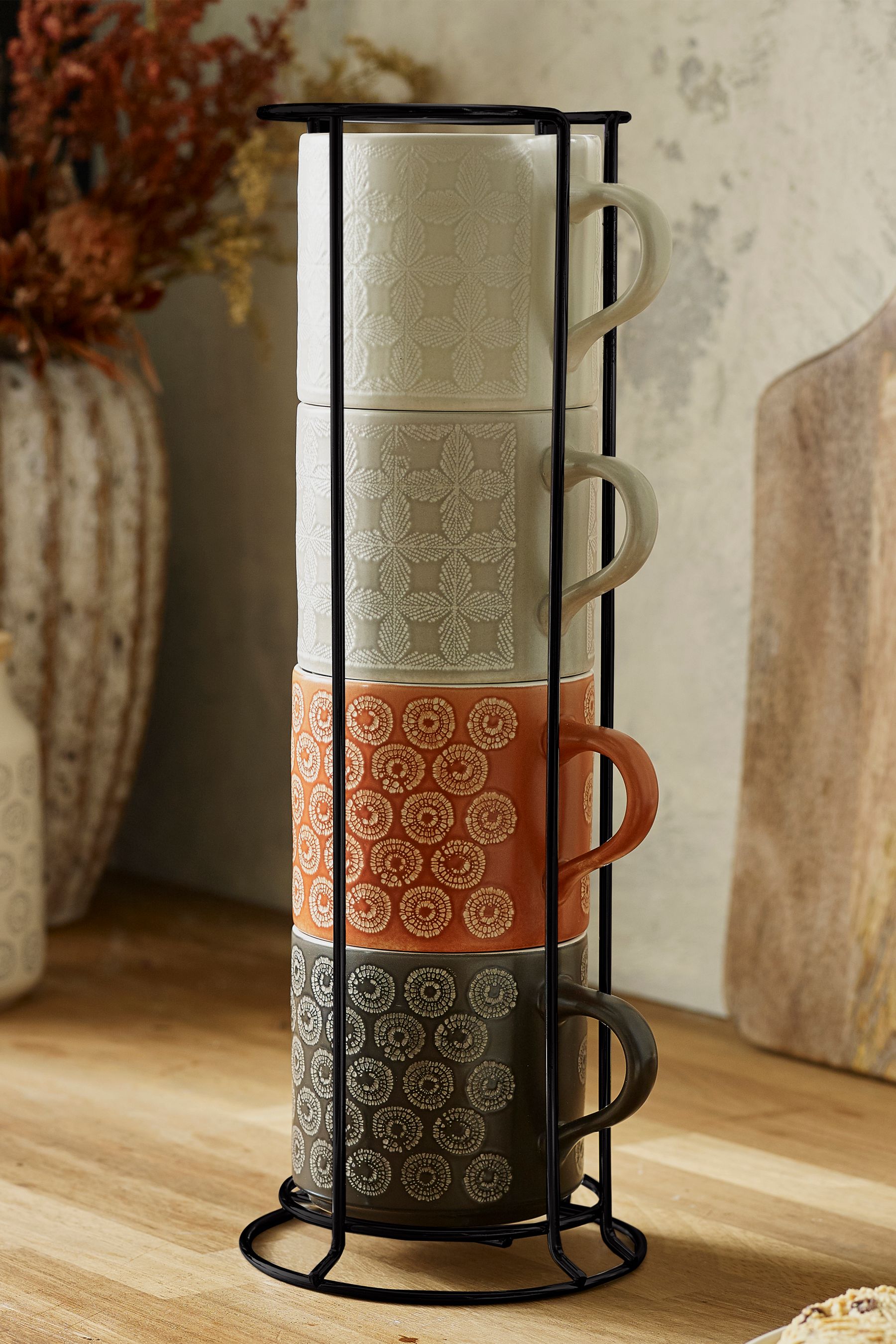 Buy Set of 4 Natural Mixed Geo Pattern Stacking Mugs with Stand from ...