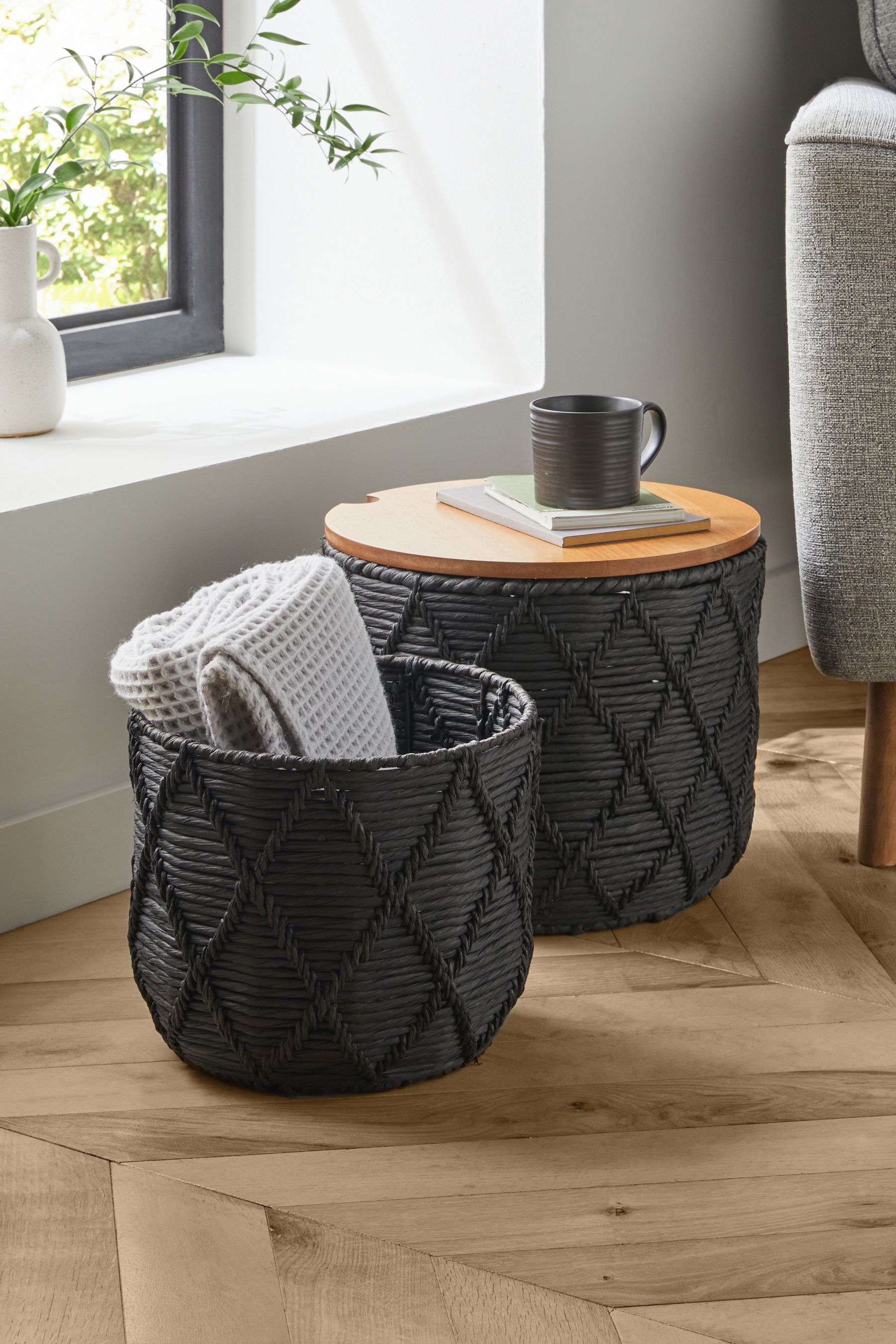Buy Set of 2 Black and Wood Lidded Storage Baskets from the Next UK ...
