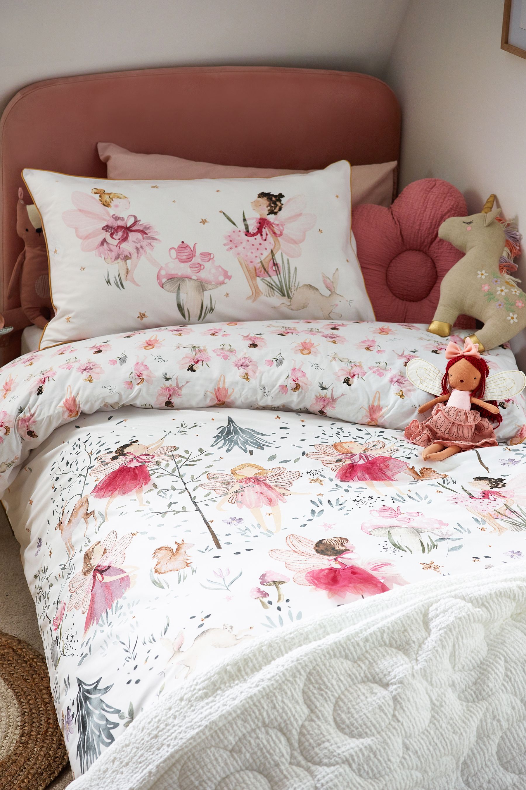 Buy White Fairy Forest Printed Polycotton Duvet Cover and Pillowcase ...
