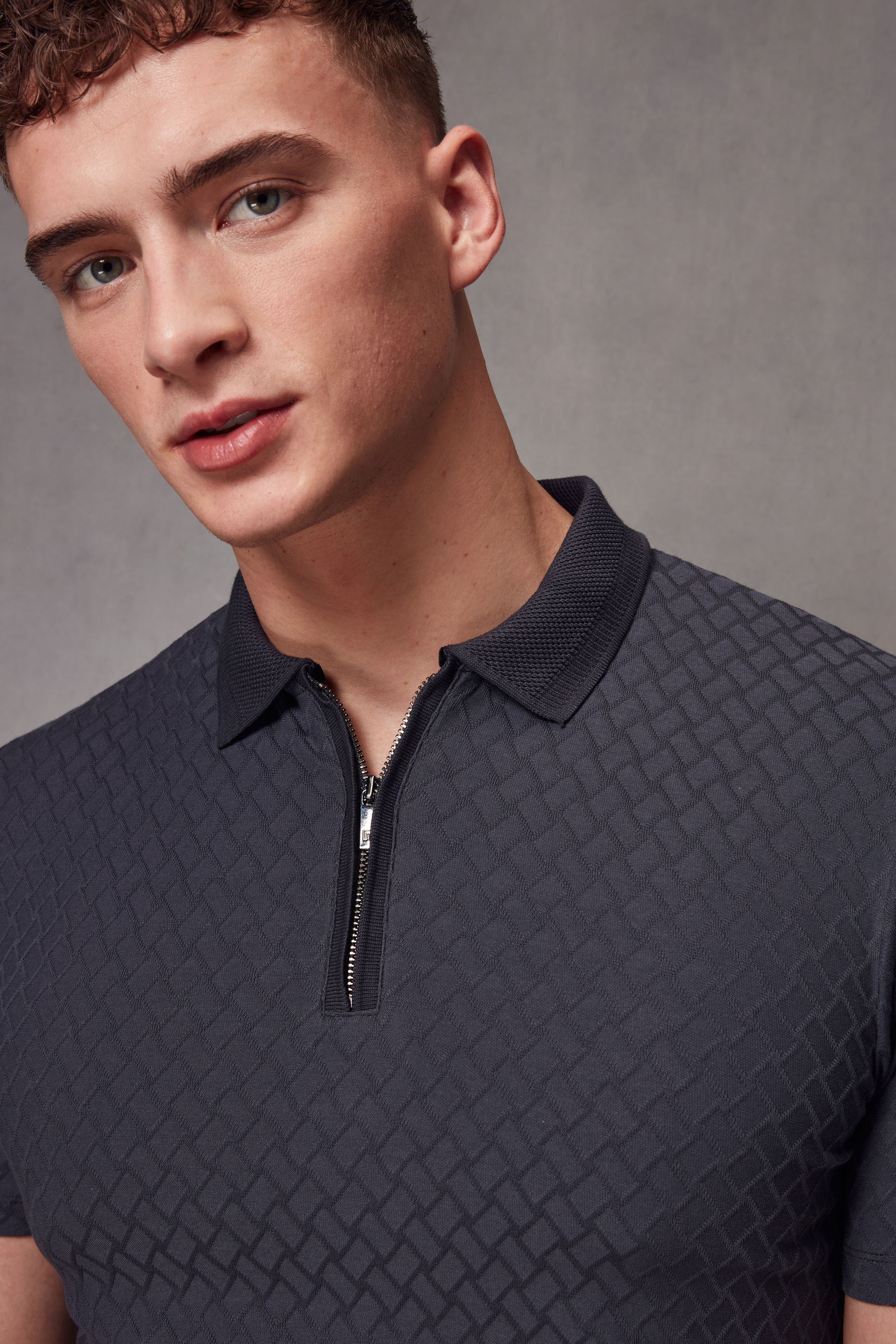 Buy Dark Charcoal Grey Slim Fit Smart Quarter Zip 100% Cotton Polo ...