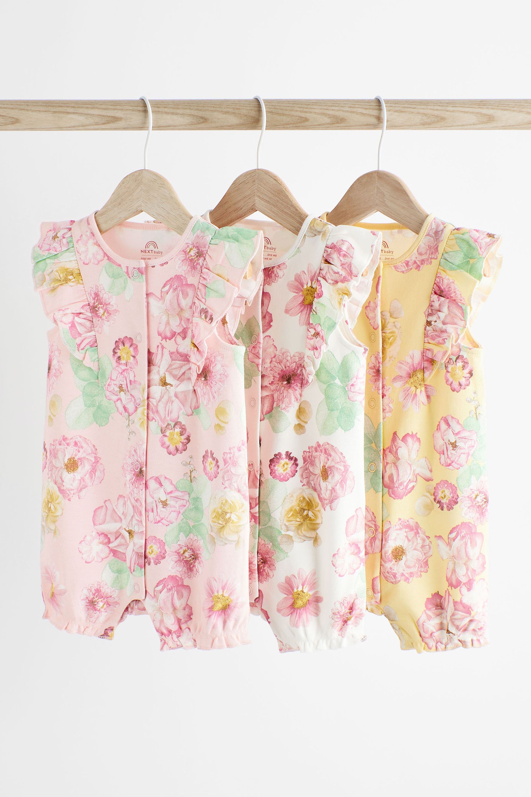 Buy Pink Yellow Floral Baby 100% Cotton Rompers 3 Pack from the Next UK ...