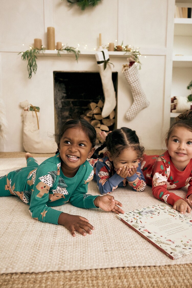 undefinedRed/Blue/Green Christmas 100% Cotton Snuggle Pyjamas 3 Pack ...