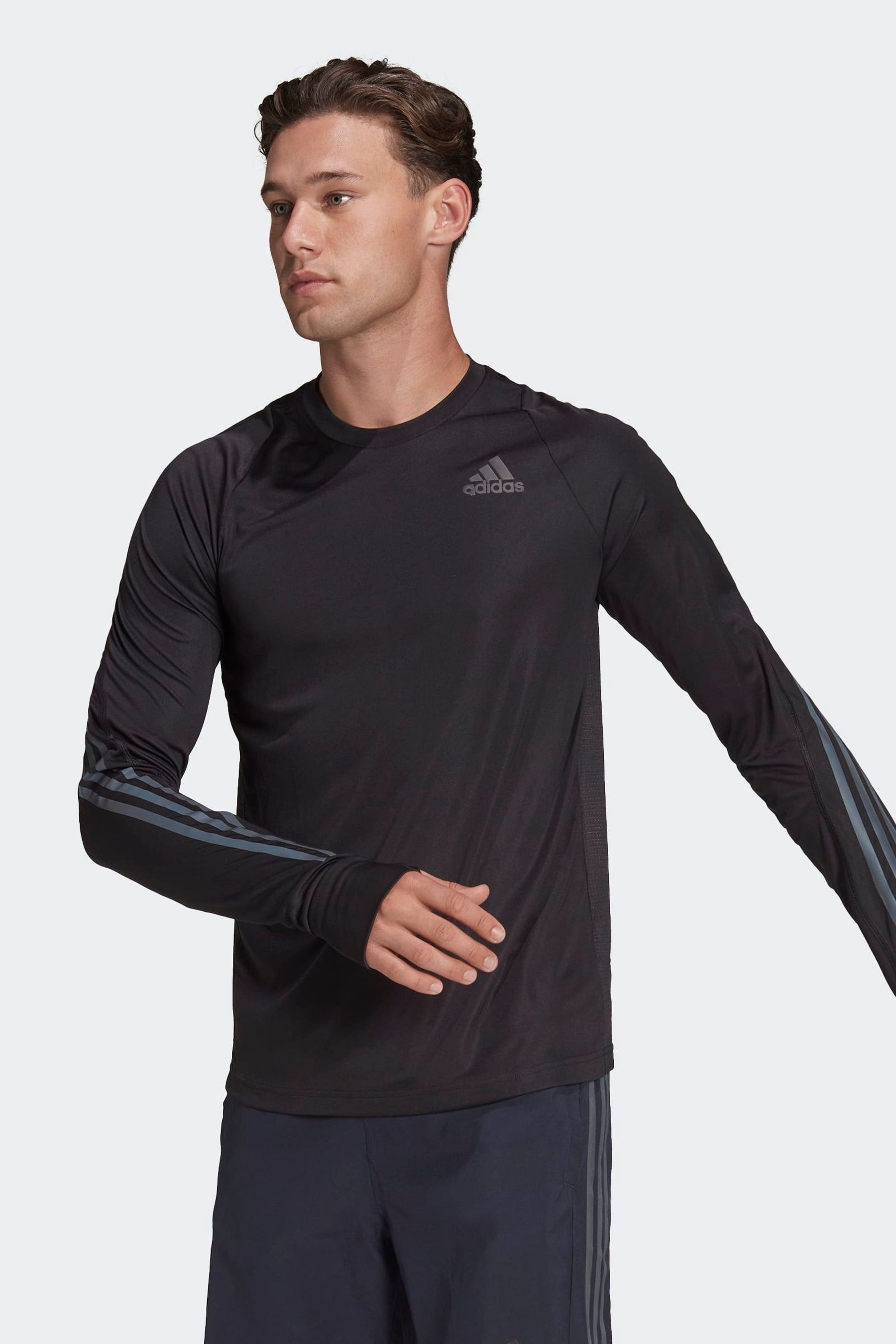 Buy adidas Mens Black Run Icon Full Reflective 3-Stripes Long-Sleeve ...
