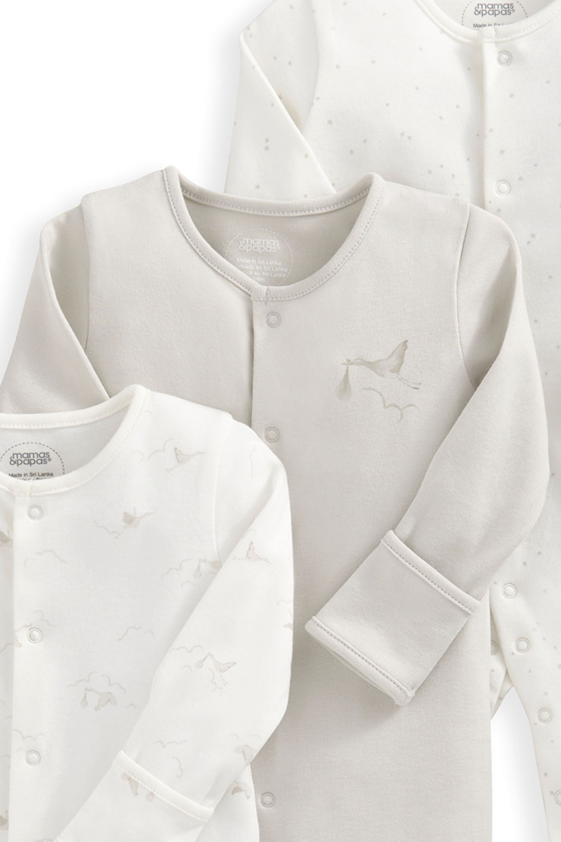 Buy Mamas & Papas 100% Cotton Stork White Sleepsuits 3 Pack from the ...