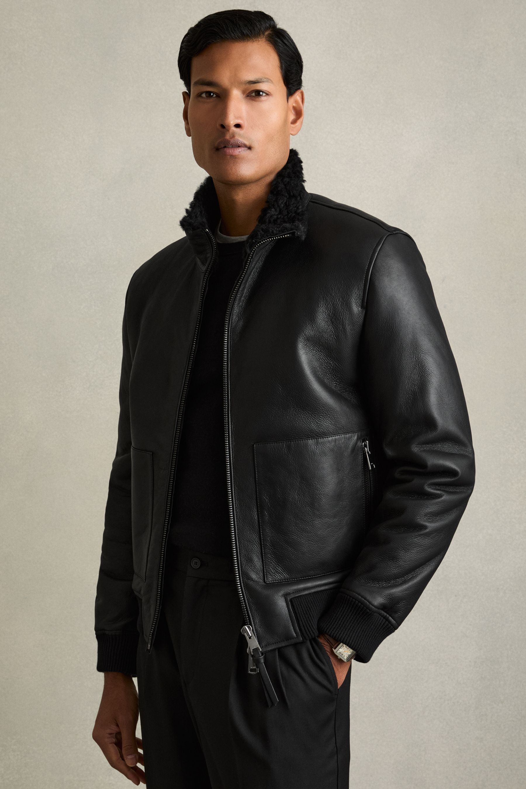 Buy Reiss Black Curtis Shearling Lined Leather Jacket from the Next UK online shop