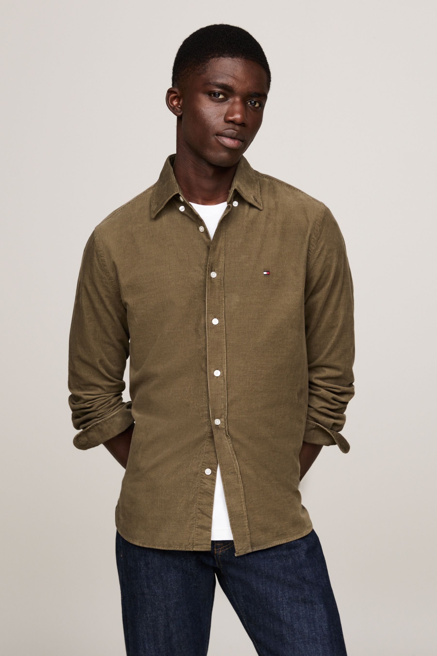 Buy Tommy Hilfiger Green Regular Fit Solid Corduroy 100% Cotton Shirt ...
