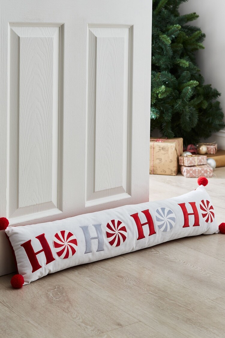 Buy Catherine Lansfield White/Red Christmas Ho Ho Ho Pom Pom Draught ...