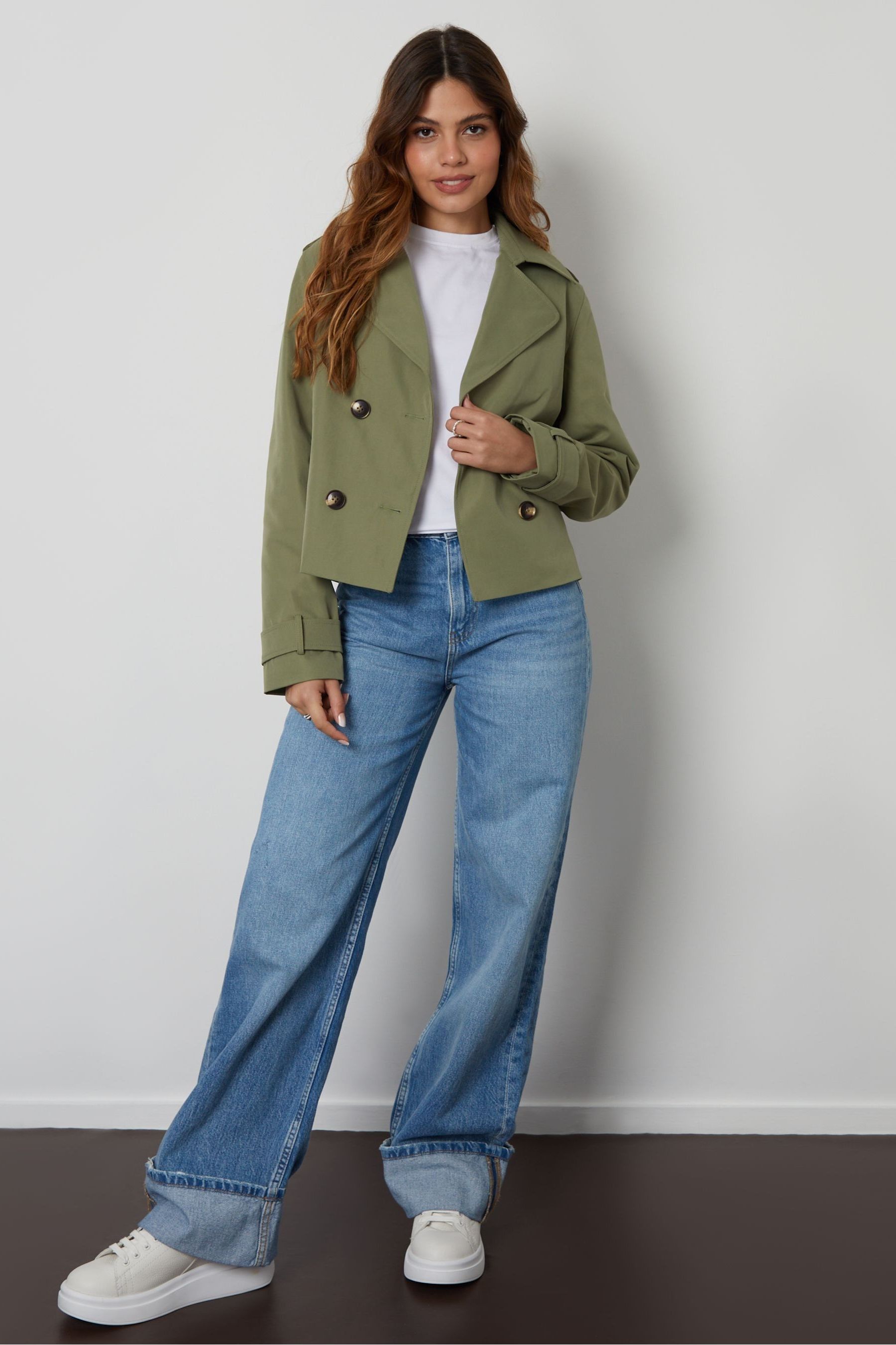 Buy Threadbare Green Double Breasted Cropped Trench Jacket from the ...