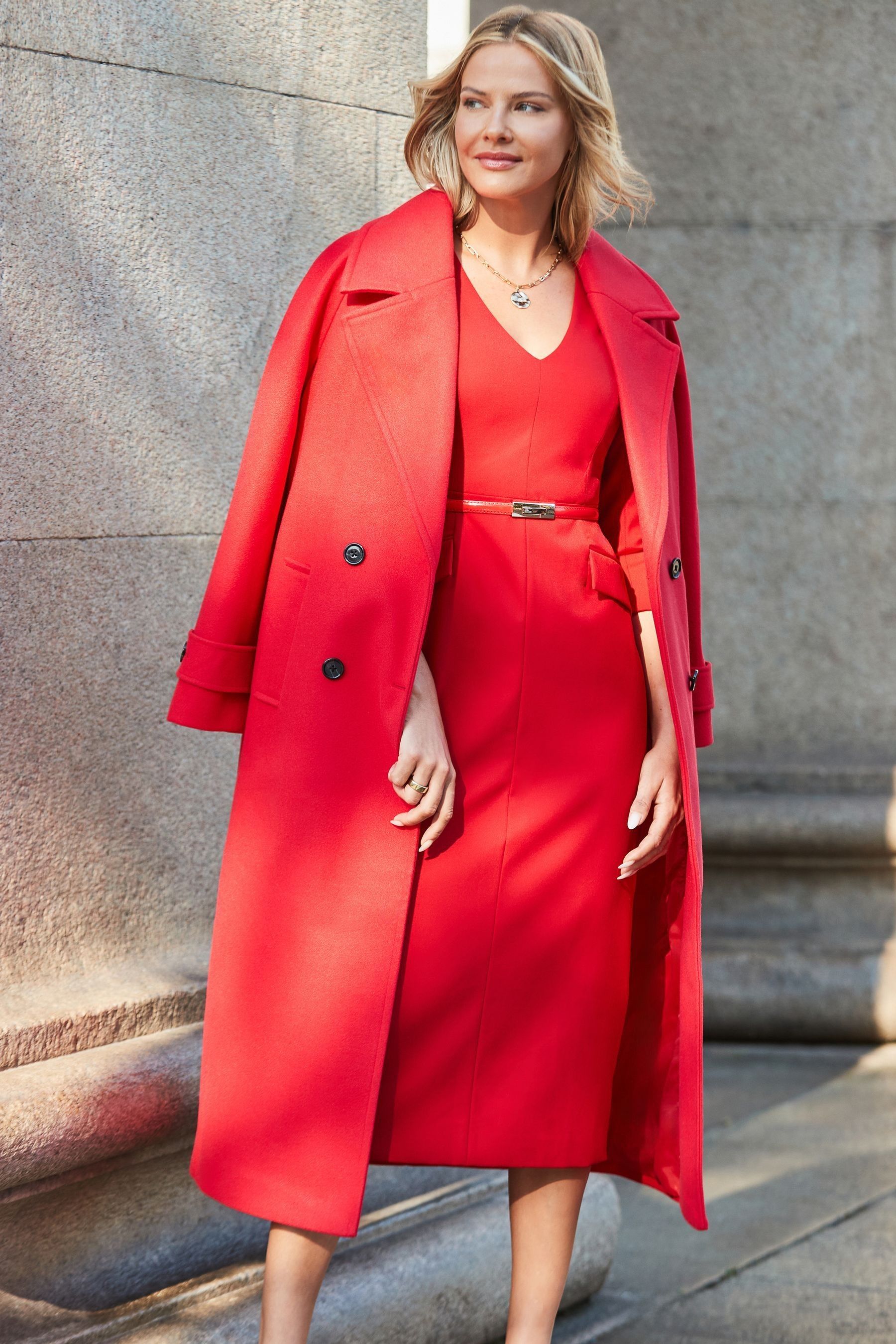 Buy Sosandar Red Structured Shoulder Belted Pencil Dress from the Next ...