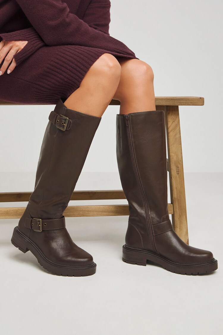 Buy Simply Be Brown Casual Double Buckle Detail Knee High Boots In Wide ...