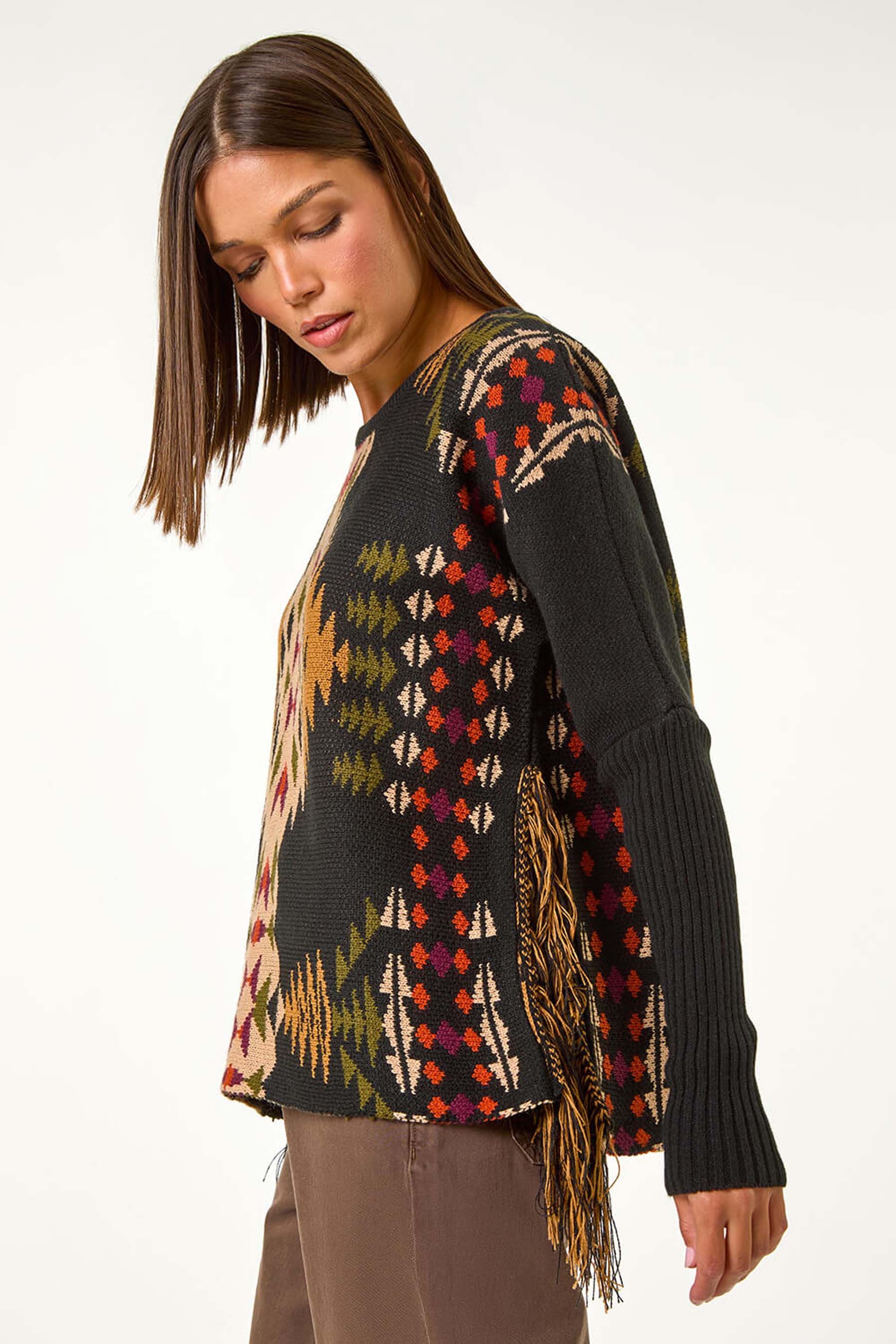 Buy Roman Black Tribal Pattern Fringe Jumper from the Next UK online shop