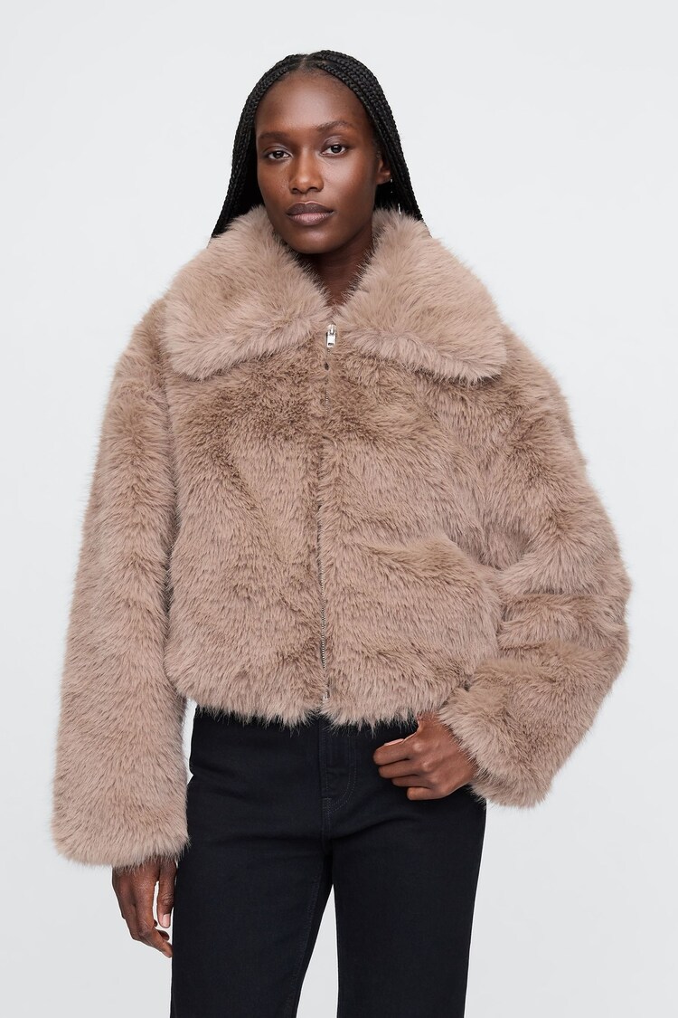 Buy Gap Beige Cropped Faux Fur Jacket from the Next UK online shop