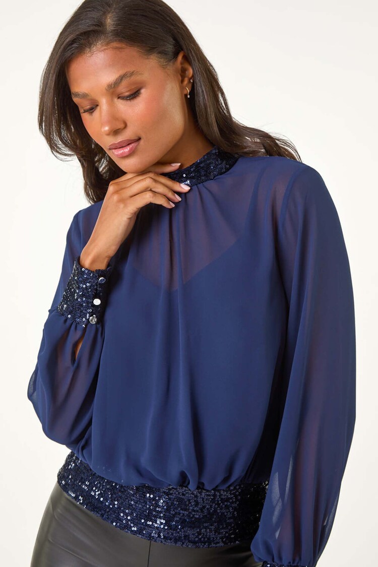 Buy Roman Blue High Neck Chiffon Sequin Stretch Top from the Next UK ...