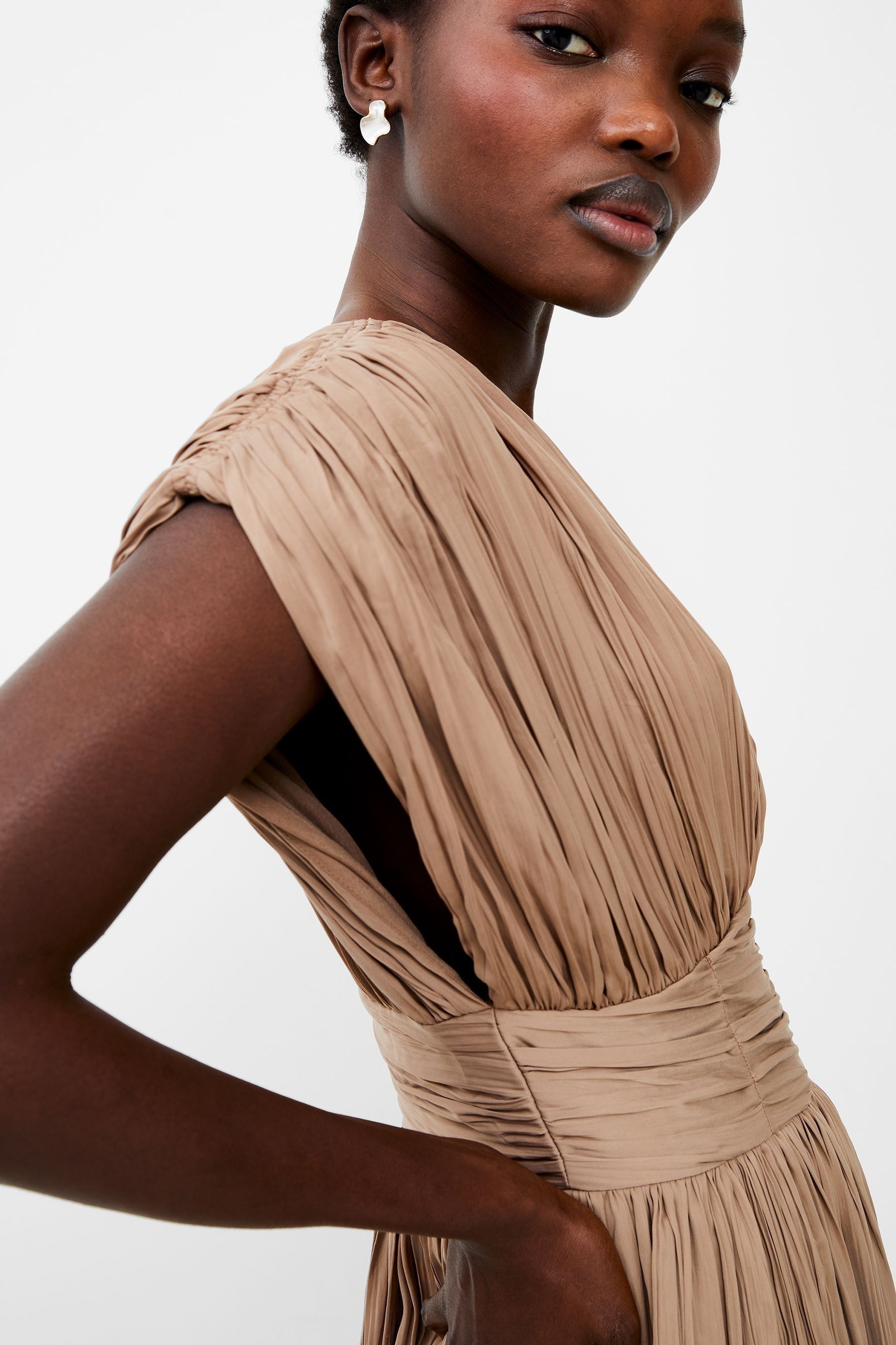 Buy French Connection Brown Pleated Althea V-Neck Dress from the Next ...