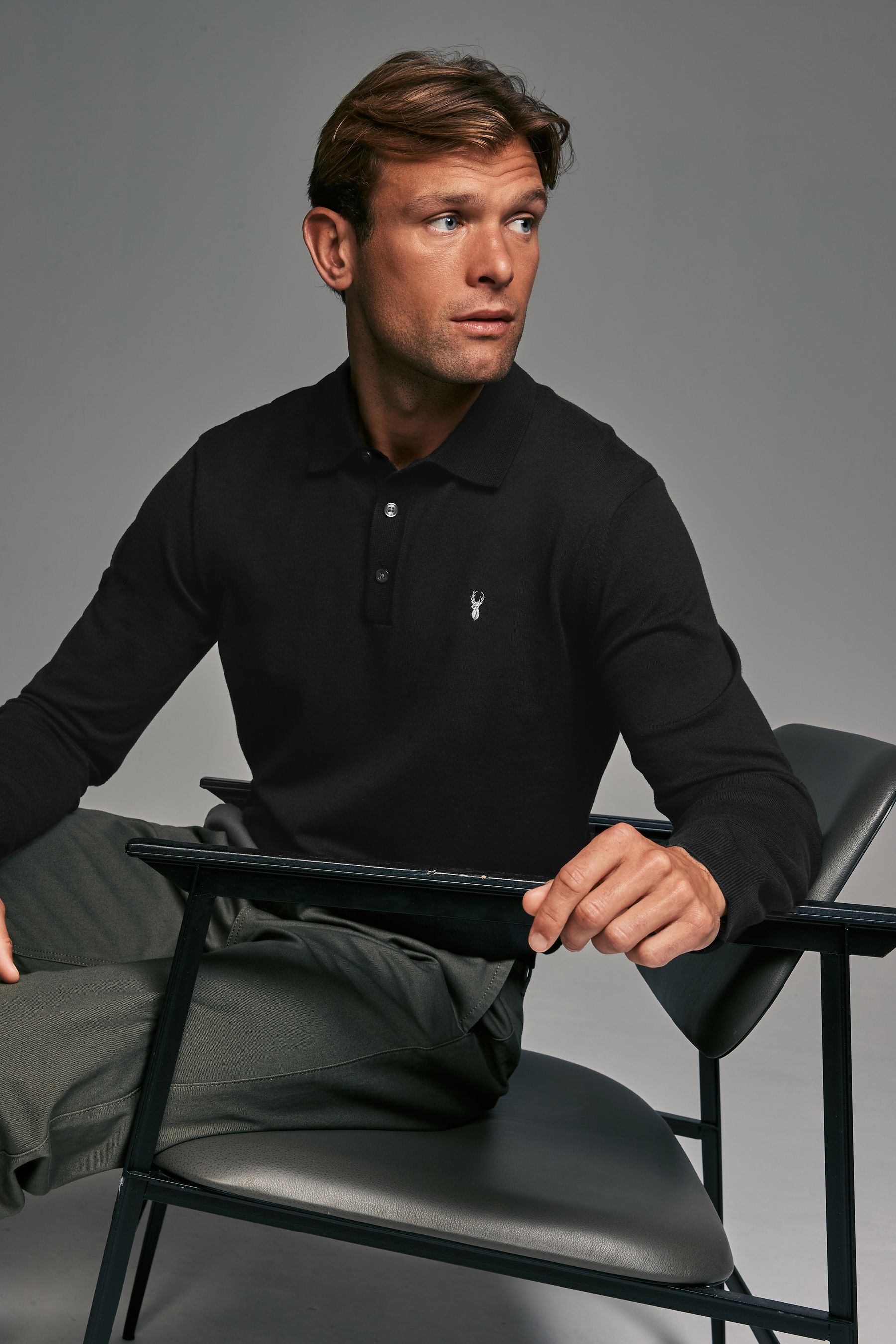 Buy Black Stag Logo Regular Fit Knitted Long Sleeve Polo Shirt from the ...