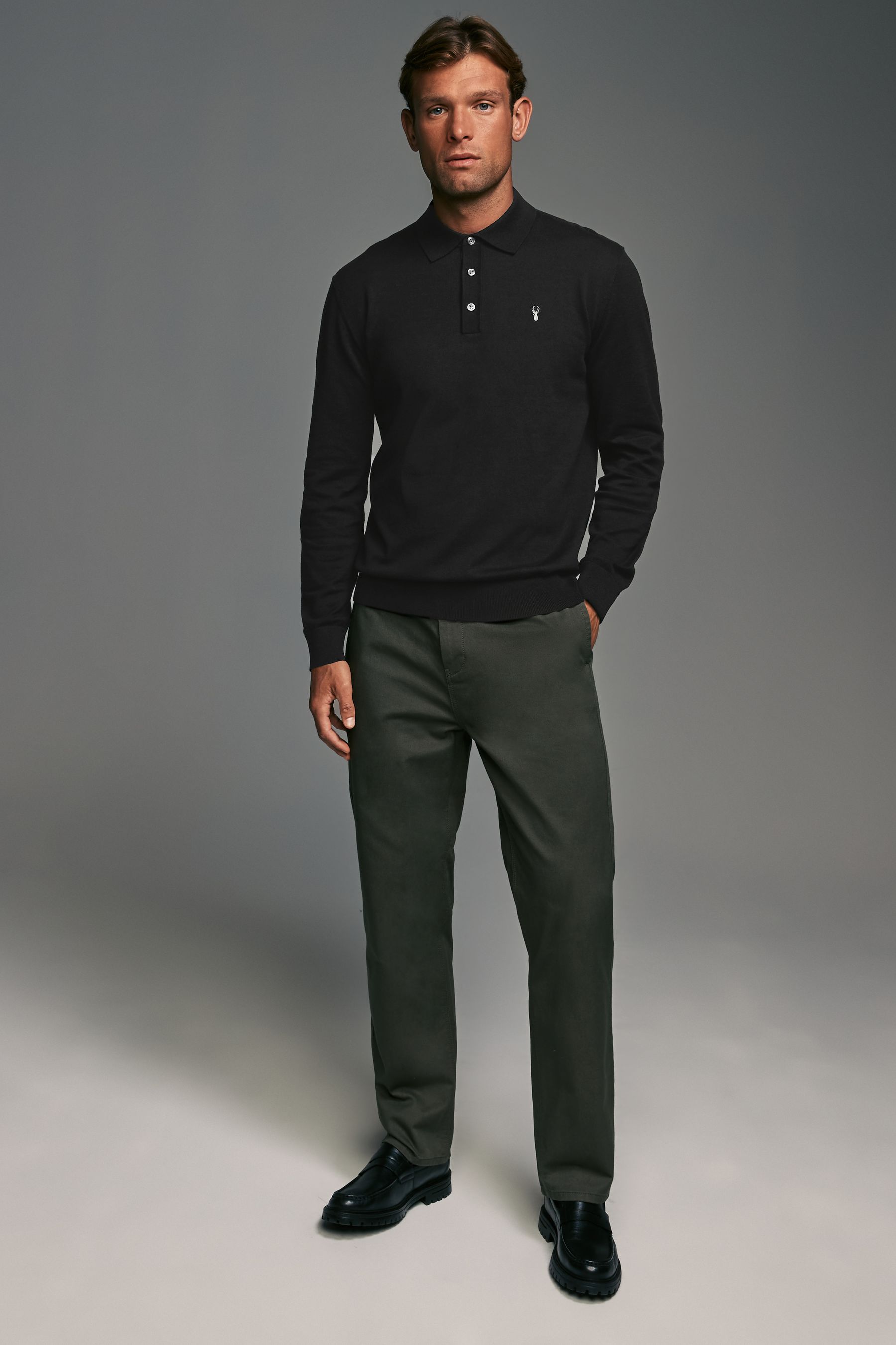 Buy Black Stag Logo Regular Fit Knitted Long Sleeve Polo Shirt from the ...