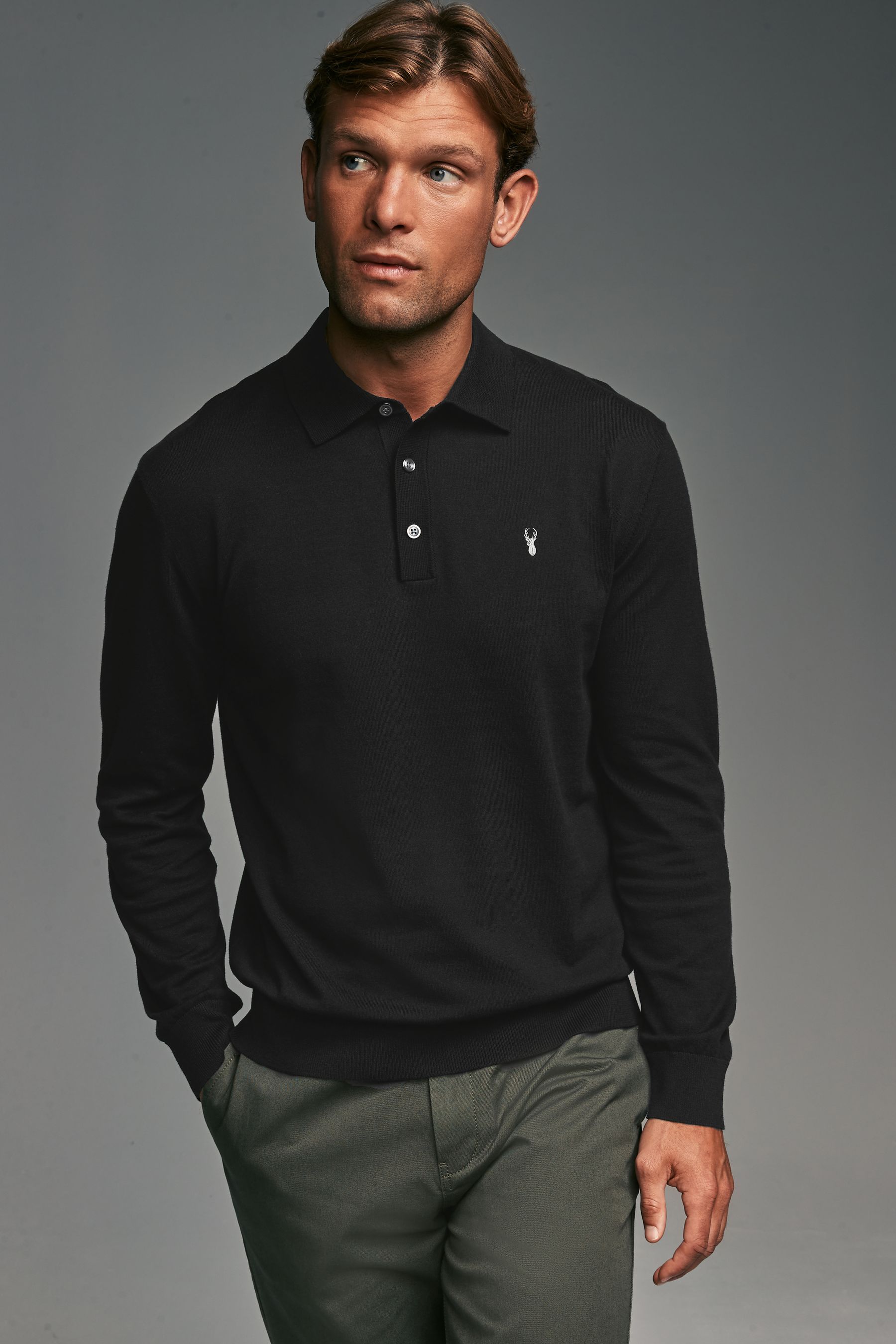 Buy Black Stag Logo Regular Fit Knitted Long Sleeve Polo Shirt from the ...
