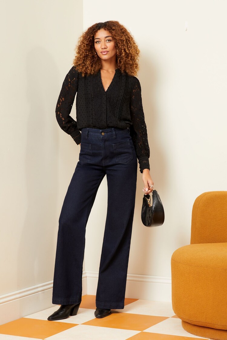 Buy Love & Roses Black Lace Mix Button Through Long Sleeve Blouse from ...