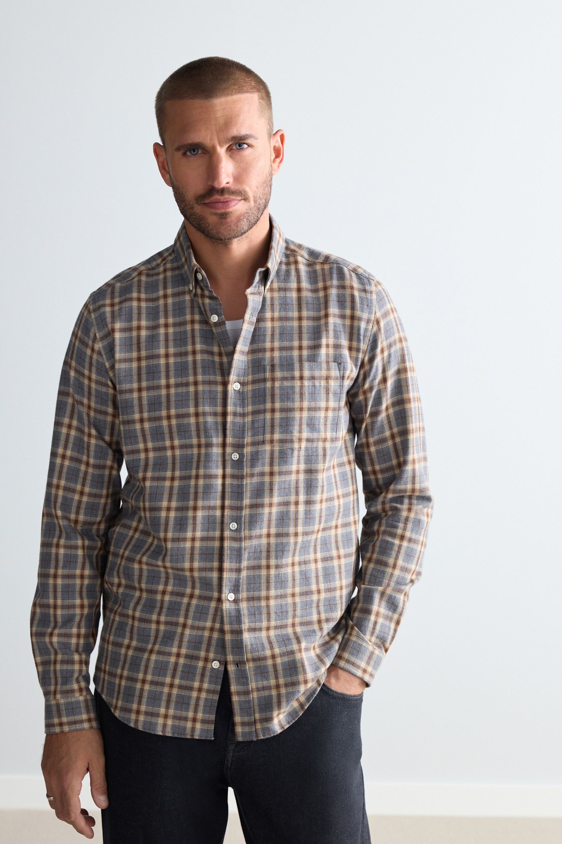 Buy Grey 100% Cotton Signature Brushed Flannel Check Long Sleeve Oxford ...