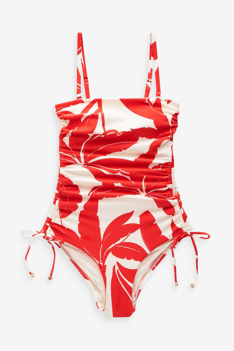 Buy Red/Ecru Floral Bandeau Ruched Leg Tummy Shaping Control Swimsuit ...