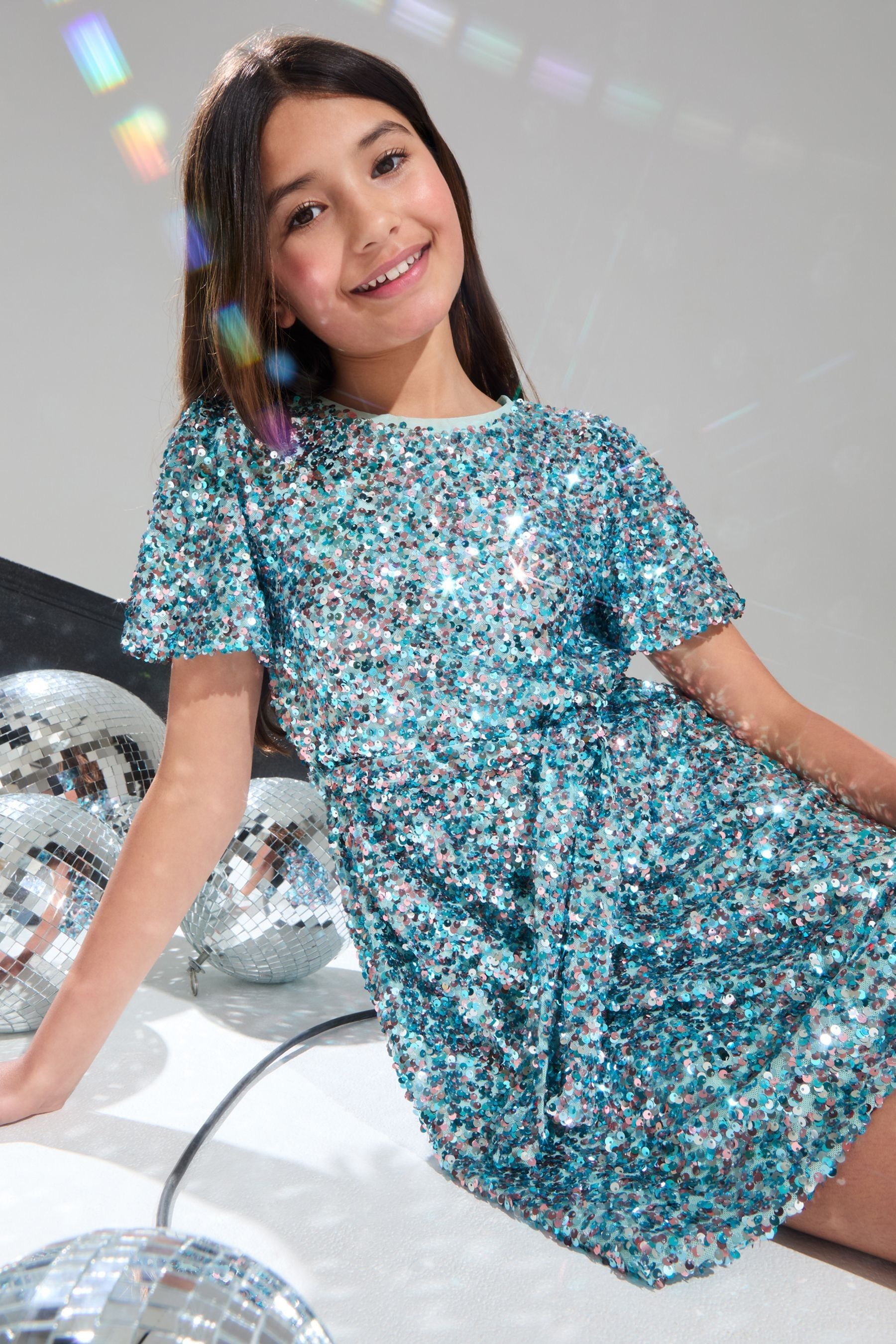 Buy Lipsy Blue Sequin Sparkle Puff Sleeve Party Dress (5-16yrs) from ...