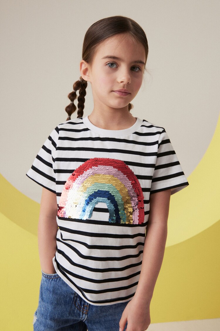 Buy Black/White Sequin Rainbow Stripe 100% Cotton T-Shirt (3-16yrs) from the Next UK online shop