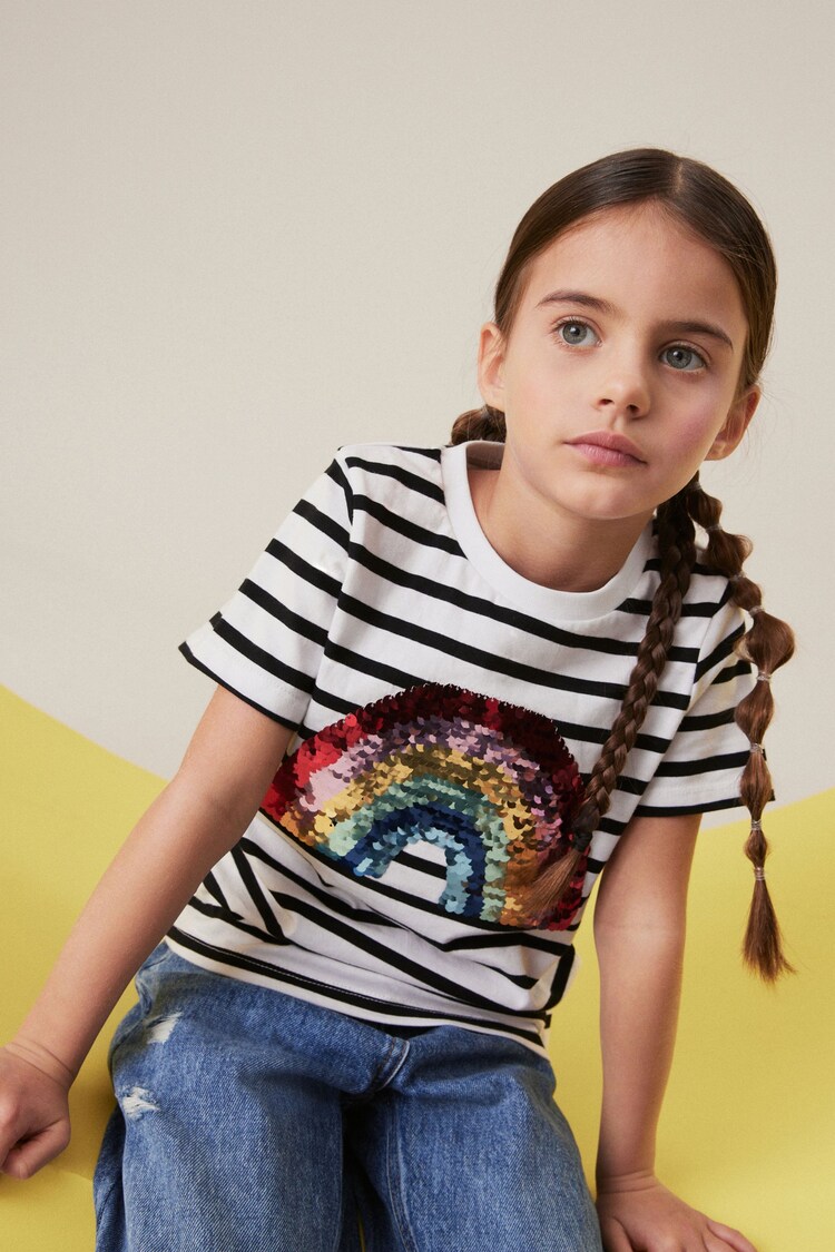 Buy Black/White Sequin Rainbow Stripe 100% Cotton T-Shirt (3-16yrs) from the Next UK online shop