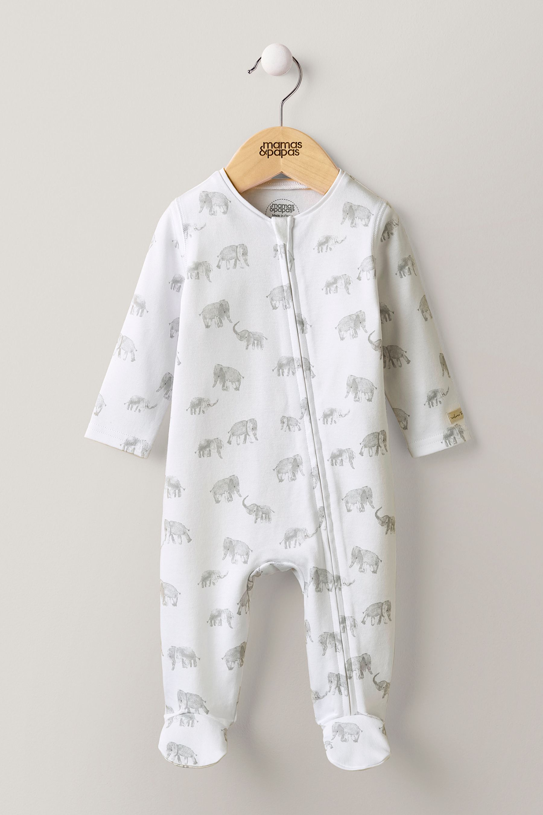Buy Mamas & Papas 100% Cotton Elephant Print White Sleepsuit from the ...