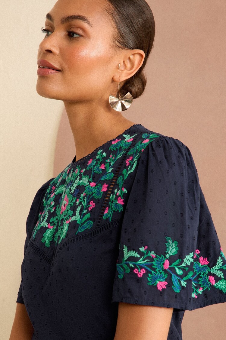 Buy Love & Roses Navy Blue Embroidered Yoke Puff Sleeve Blouse from the ...