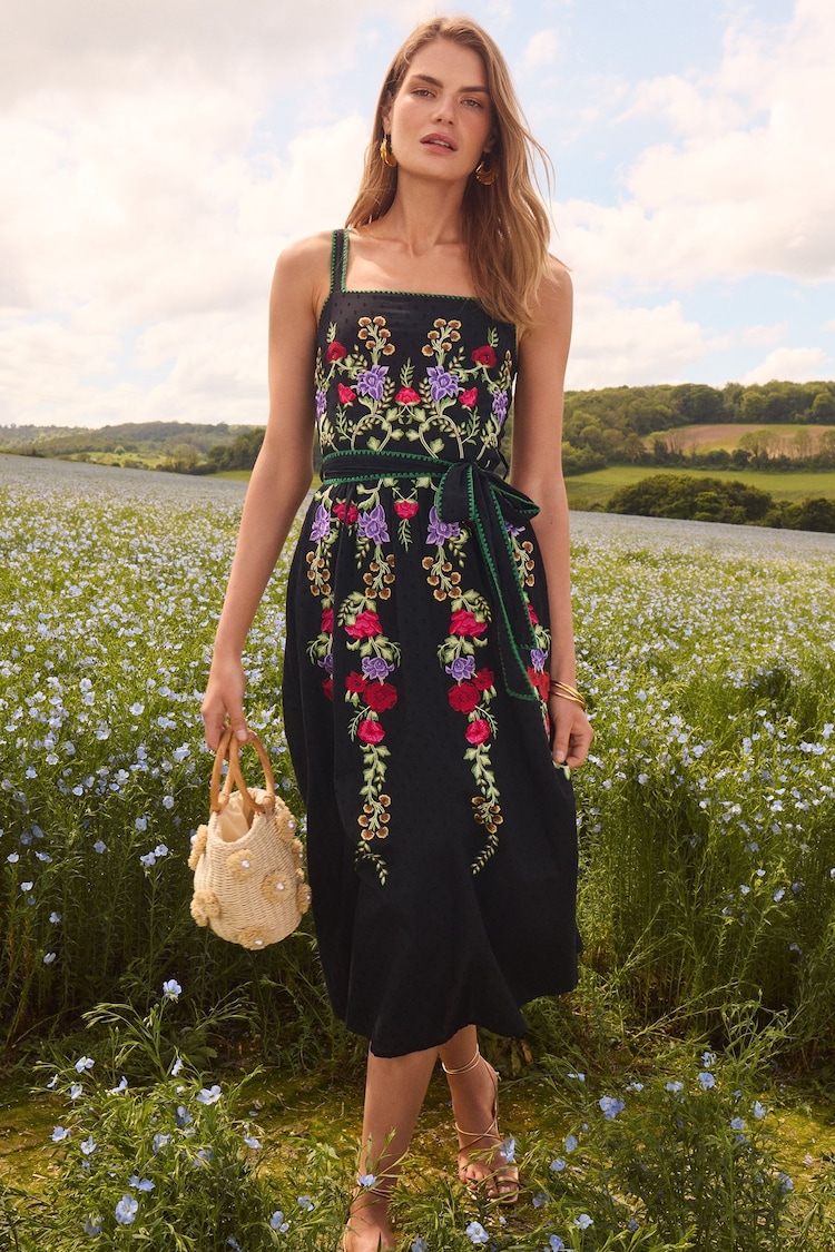 Buy Love & Roses Black Embroidered Cami Belted Midi Dress from the Next ...
