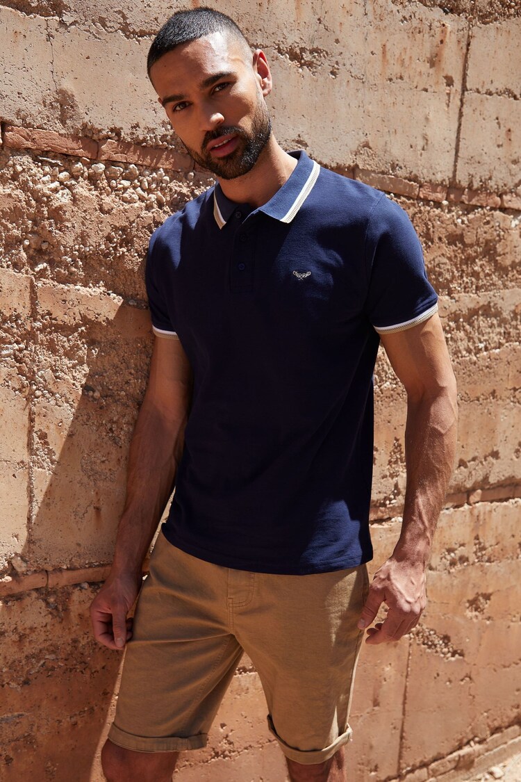 Buy Threadbare Navy Herringbone Tipping Cotton Pique Polo Shirt from ...