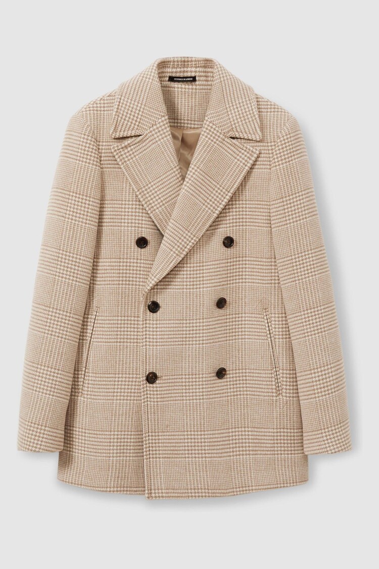 Buy Reiss Oatmeal Check Bergamo Wool Blend Double Breasted Peacoat from ...