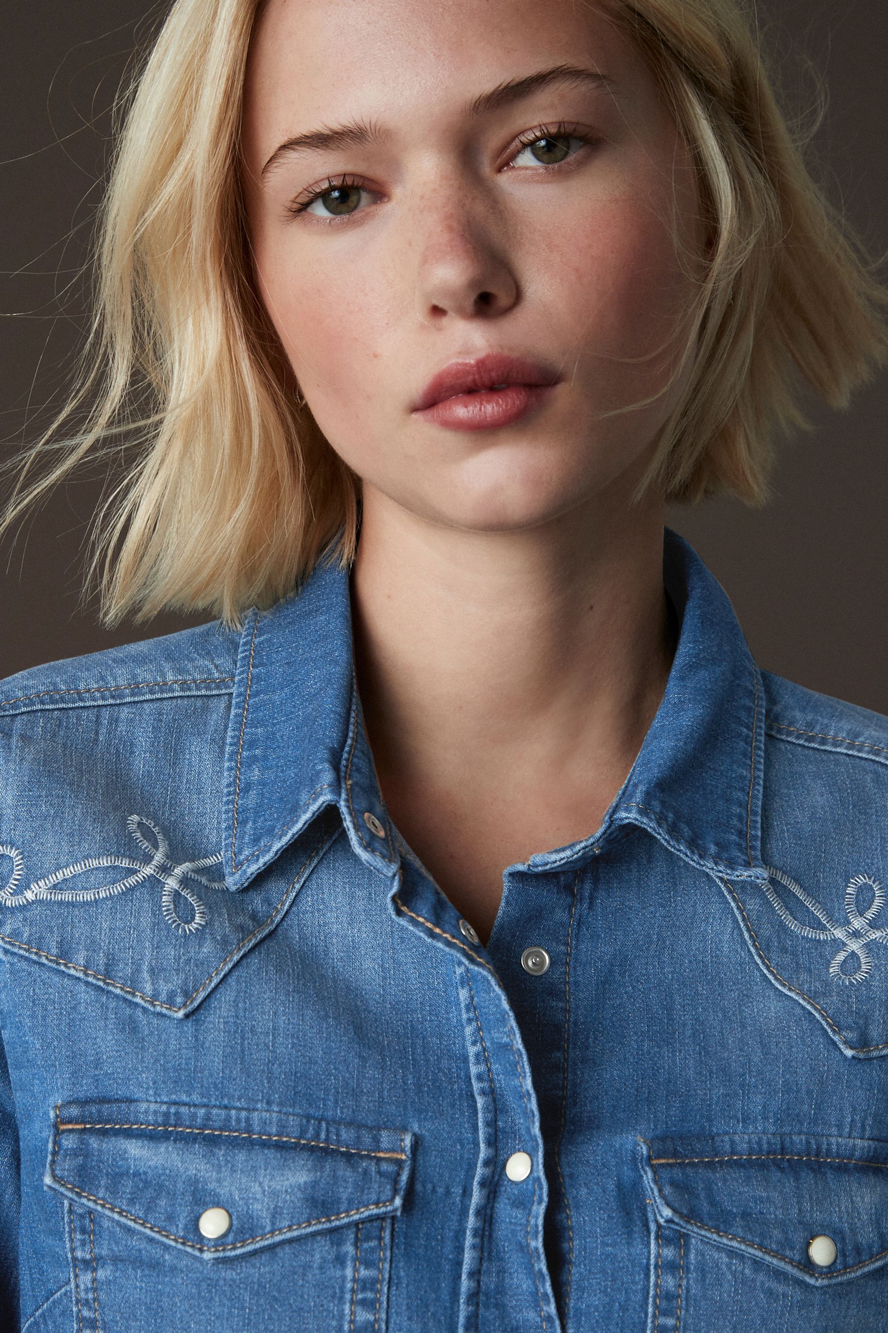 Buy Blue Embroidered Seam Detail Fitted Denim Western 100% Cotton Shirt ...