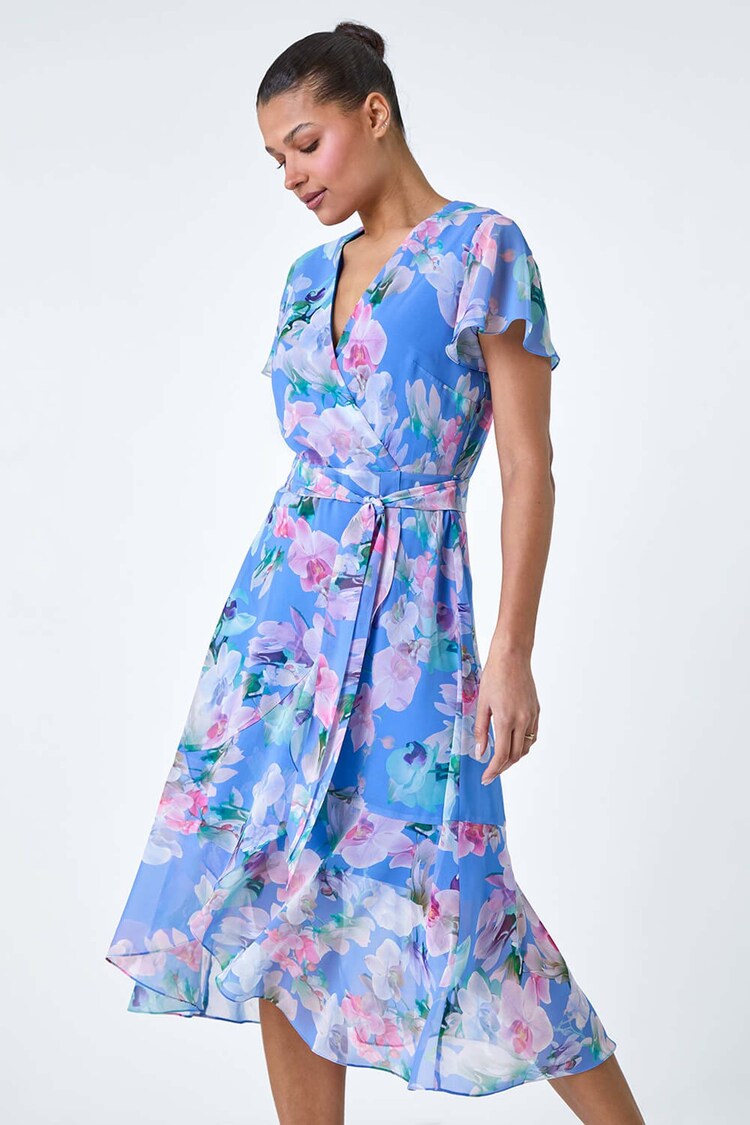 Buy Roman Blue Floral Frill Detail Wrap Dress from the Next UK online shop