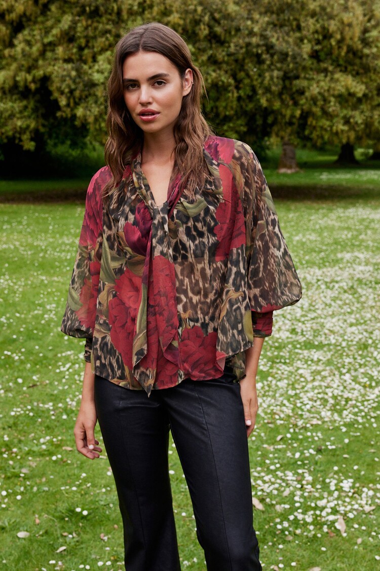 Buy Brown Leopard and Floral Print Long Sleeve Tie Neck Blouse from ...