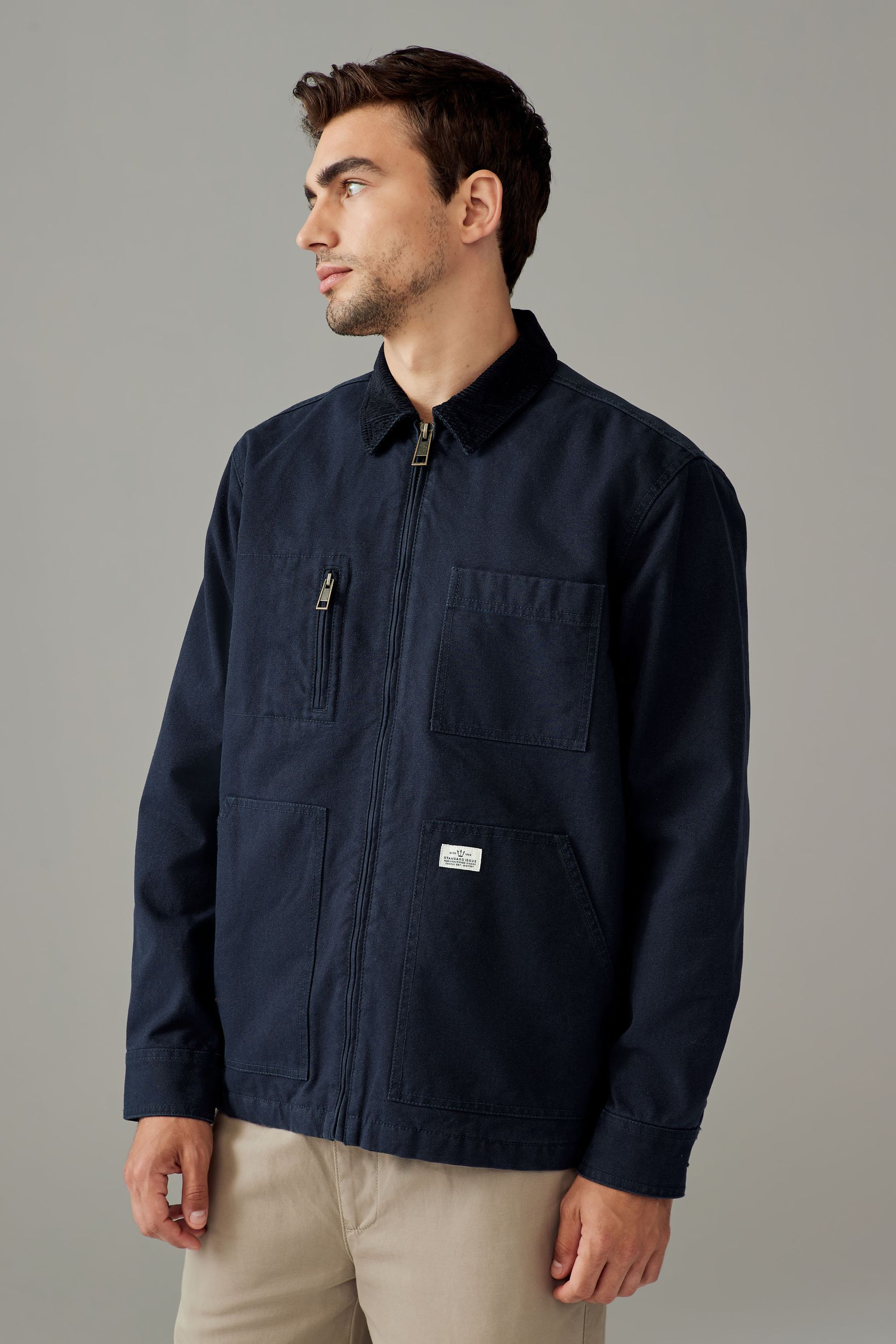 Buy Navy Blue Zip-Through 100% Cotton Quilted Shacket Overshirt from ...
